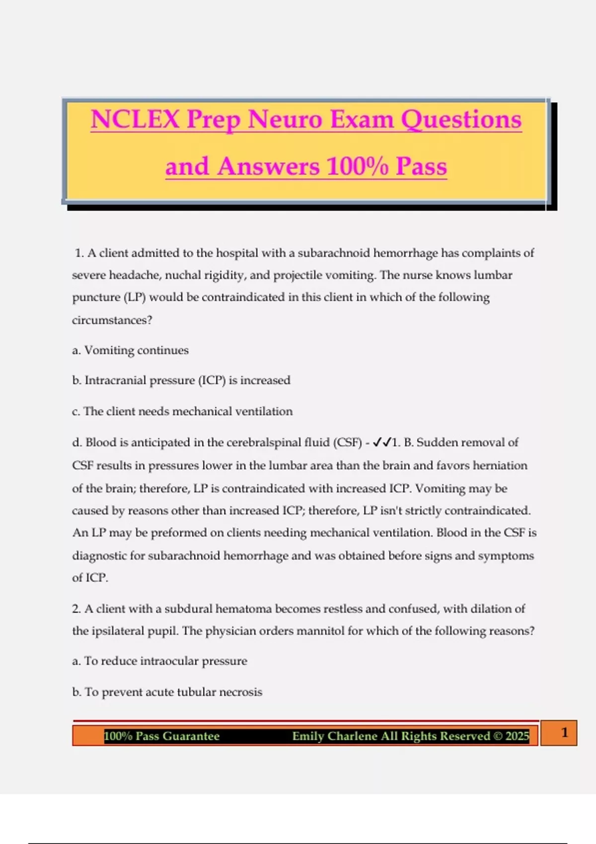 NCLEX Prep Neuro Exam Questions and Answers 100% Pass - Nclex - Stuvia US