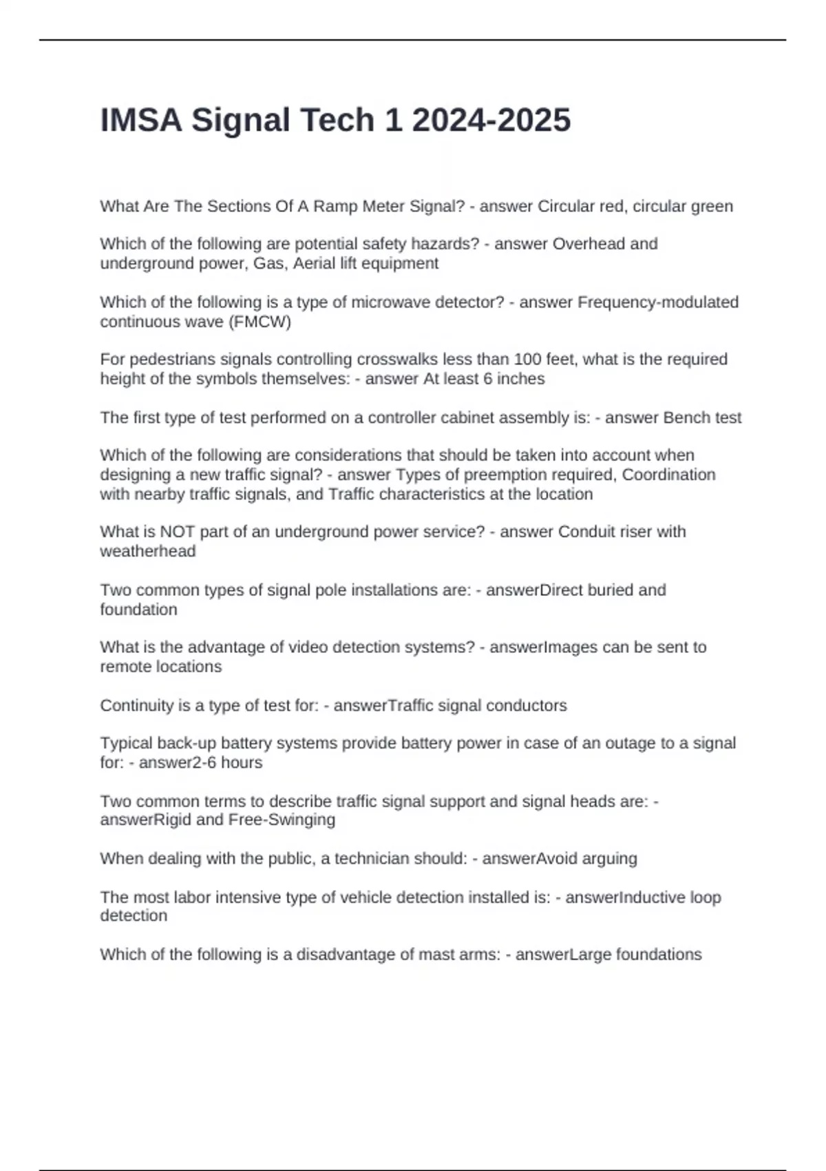 IMSA Signal Tech Questions with Correct Answers - IMSA Signal ...