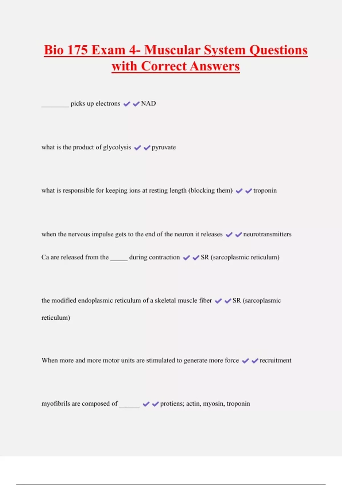 Bio 175 Exam 4- Muscular System Questions with Correct Answers - BIO ...