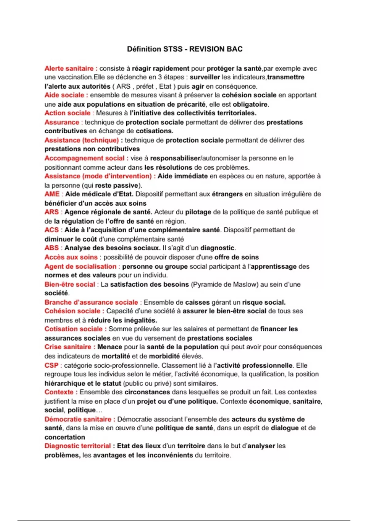 Résumé Fiche de révisions STSS - Définitions clés santé/ social - STSS ...