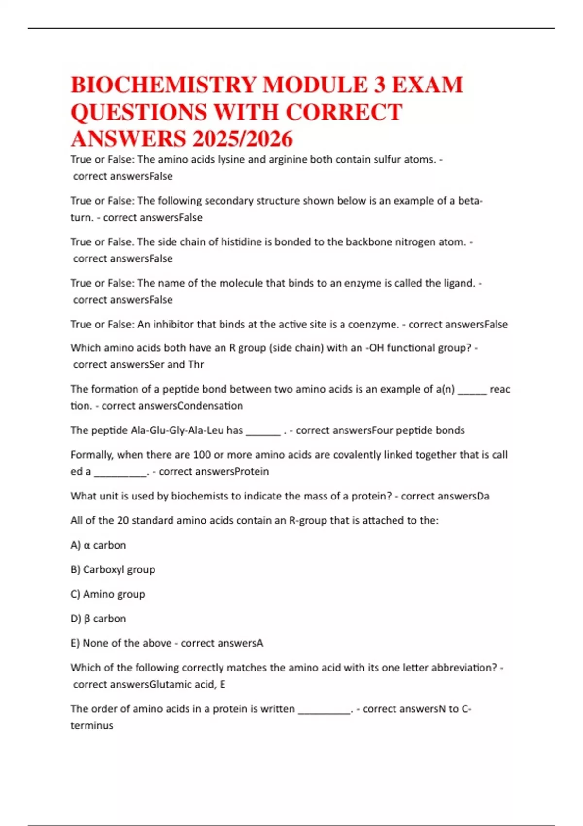 BIOCHEMISTRY MODULE 3 EXAM QUESTIONS WITH CORRECT ANSWERS 2025 - MODULE ...