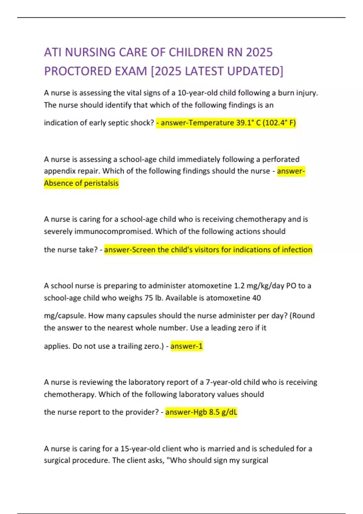 ATI NURSING CARE OF CHILDREN RN 2025 PROCTORED EXAM [2025 LATEST ...