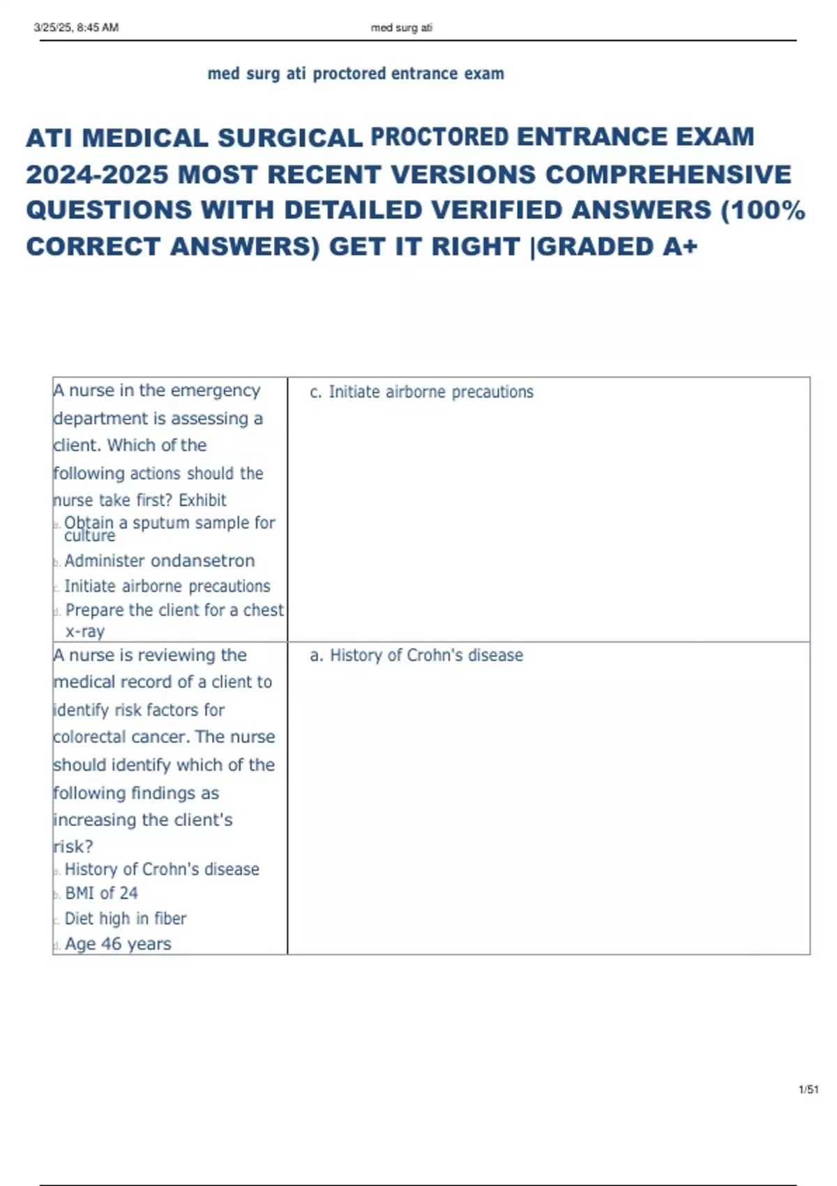 ATI MEDICAL SURGICAL REVIEW EXAM MOST RECENT VERSIONS COMPREHENSIVE ...