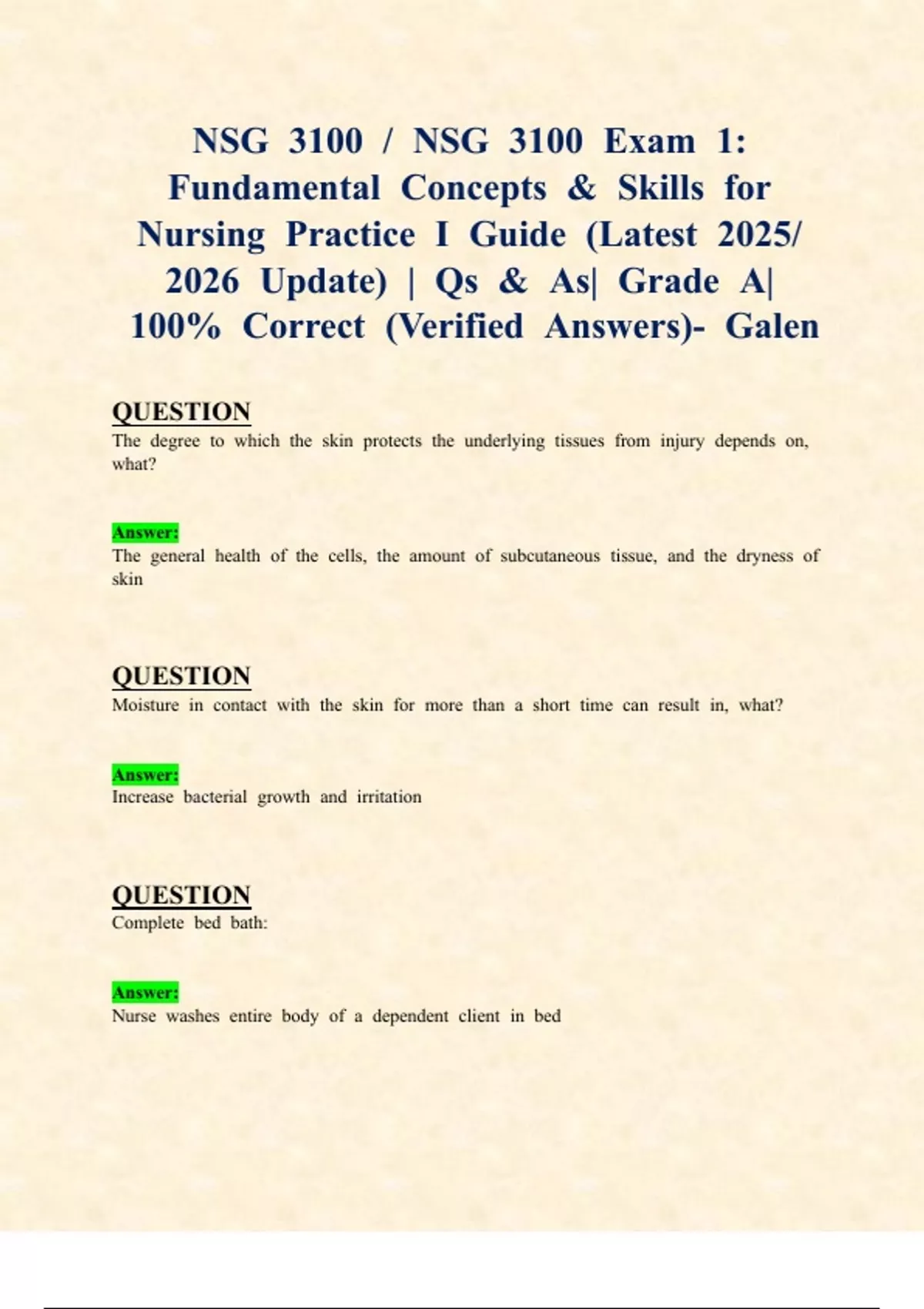 NSG 3100 / NSG 3100 Exam 1: Fundamental Concepts & Skills for Nursing ...