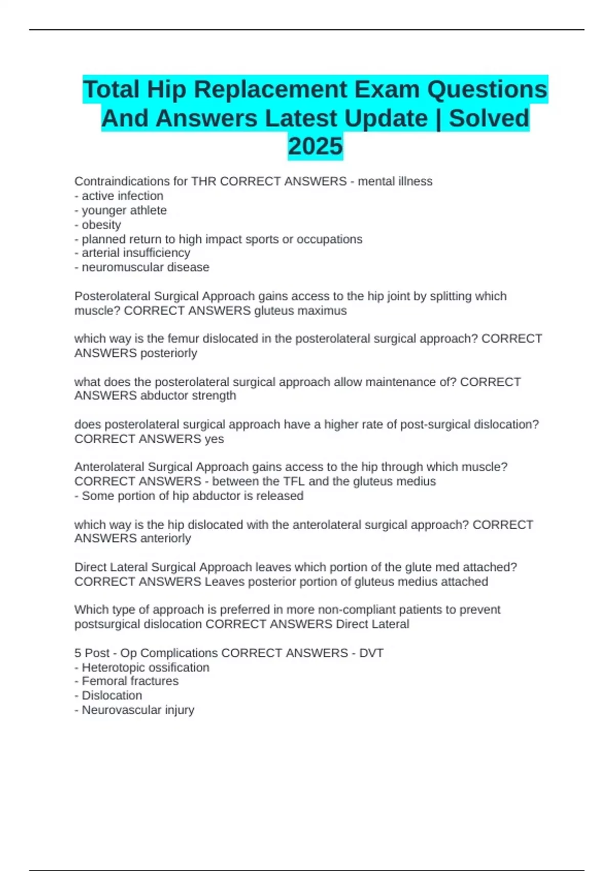 Total Hip Replacement Exam Questions And Answers Latest Update | Solved ...