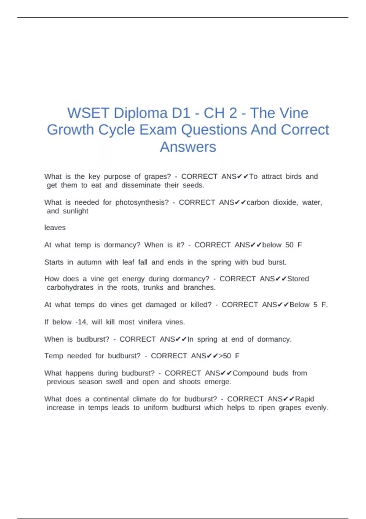 WSET Diploma D1 - CH 2 - The Vine Growth Cycle Exam Questions And ...