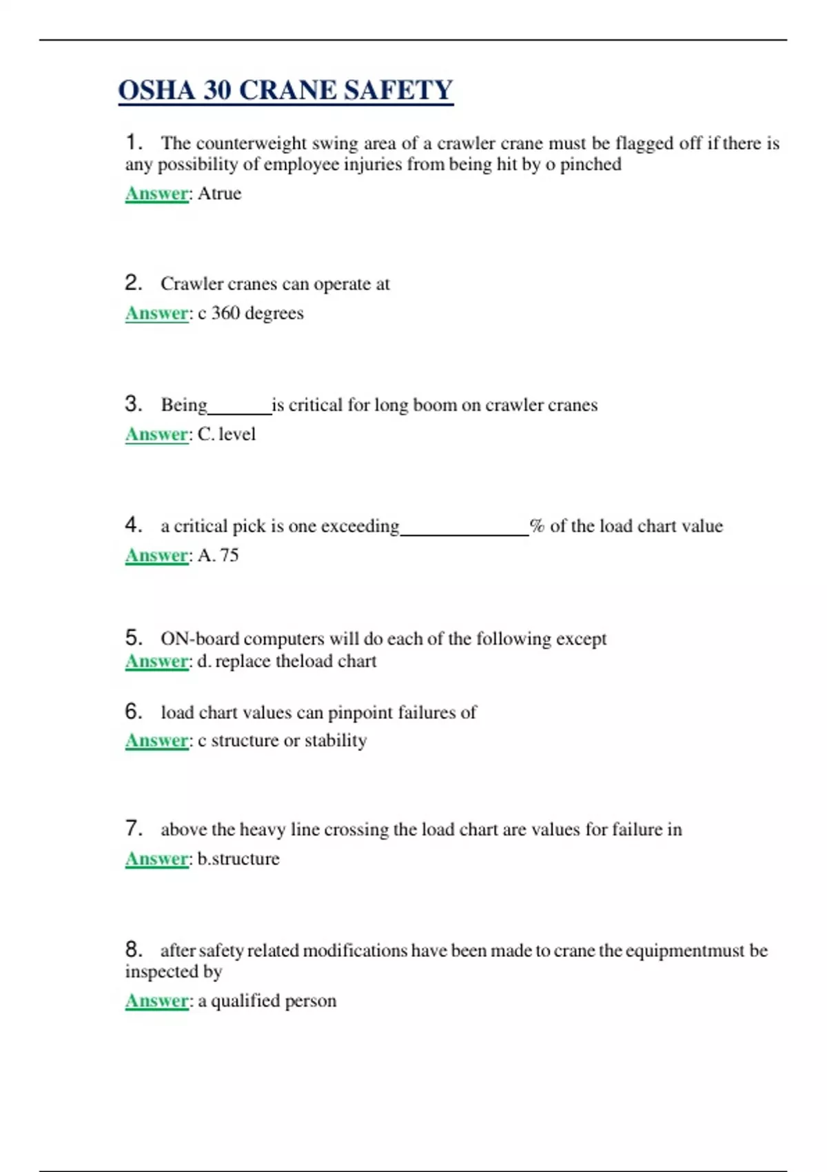 OSHA 30 CRANE SAFETY ( UPDATED 2025 ) | QUESTIONS WITH 100% VERIFIED ...