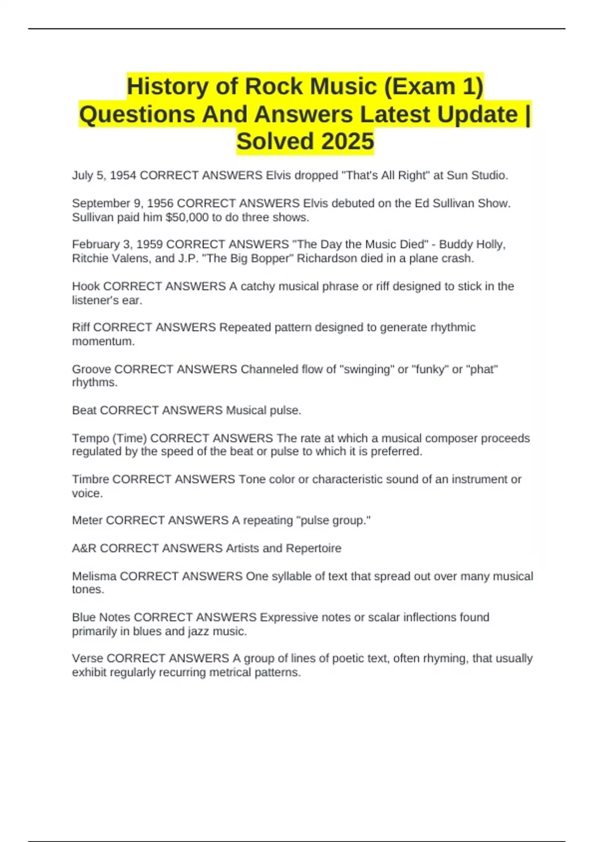 History of Rock Music (Exam 1) Questions And Answers Latest Update ...
