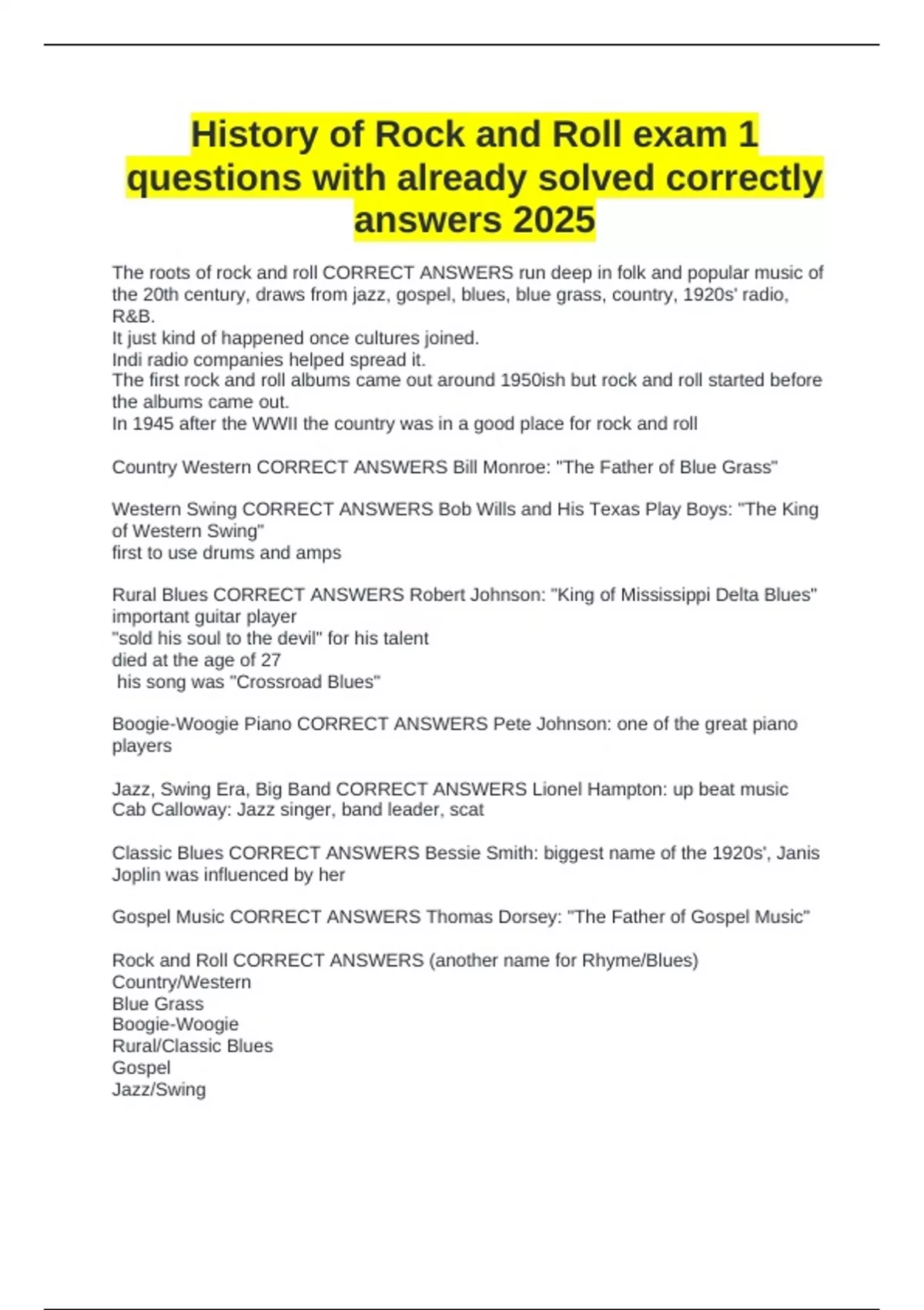 History of Rock and Roll exam 1 questions with already solved correctly ...