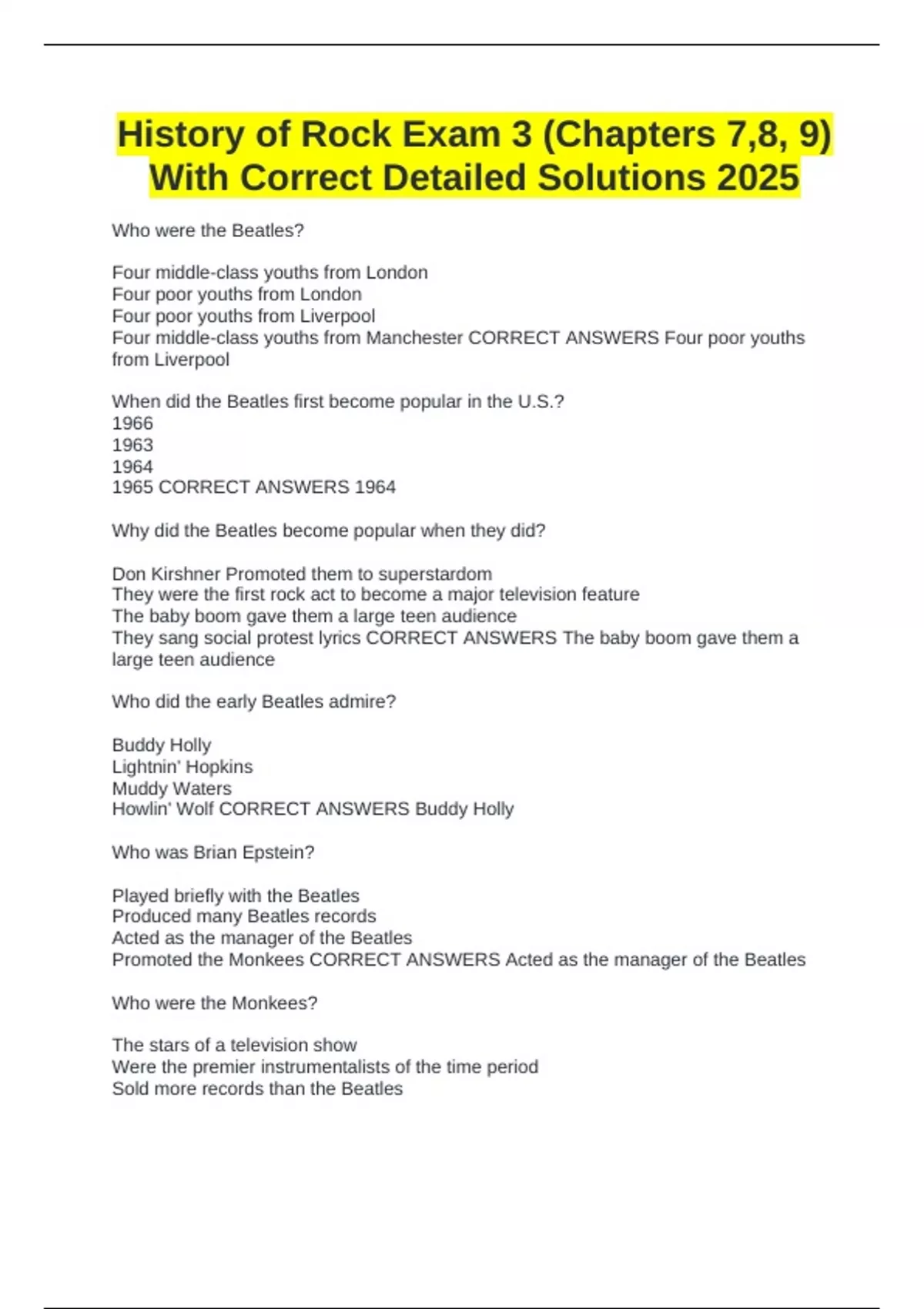 History of Rock Exam 3 (Chapters 7,8, 9) With Correct Detailed ...
