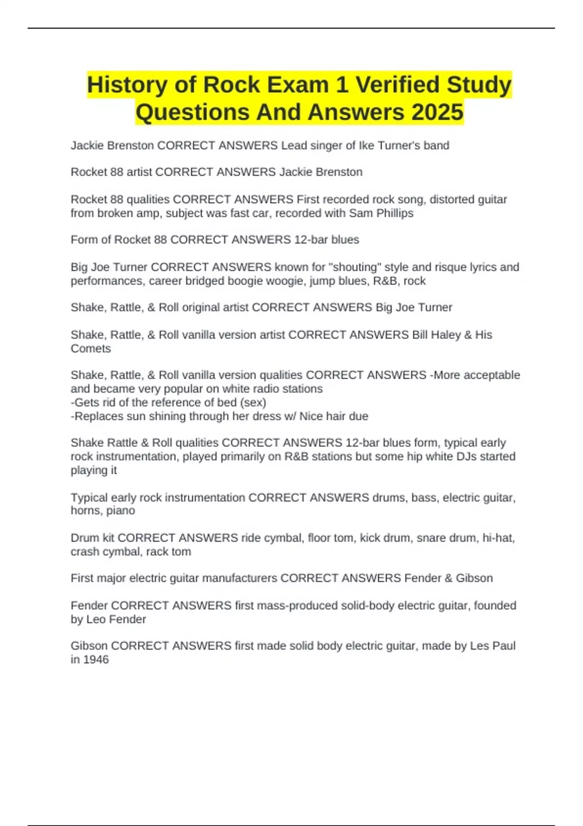 History of Rock Exam 1 Verified Study Questions And Answers 2025 ...