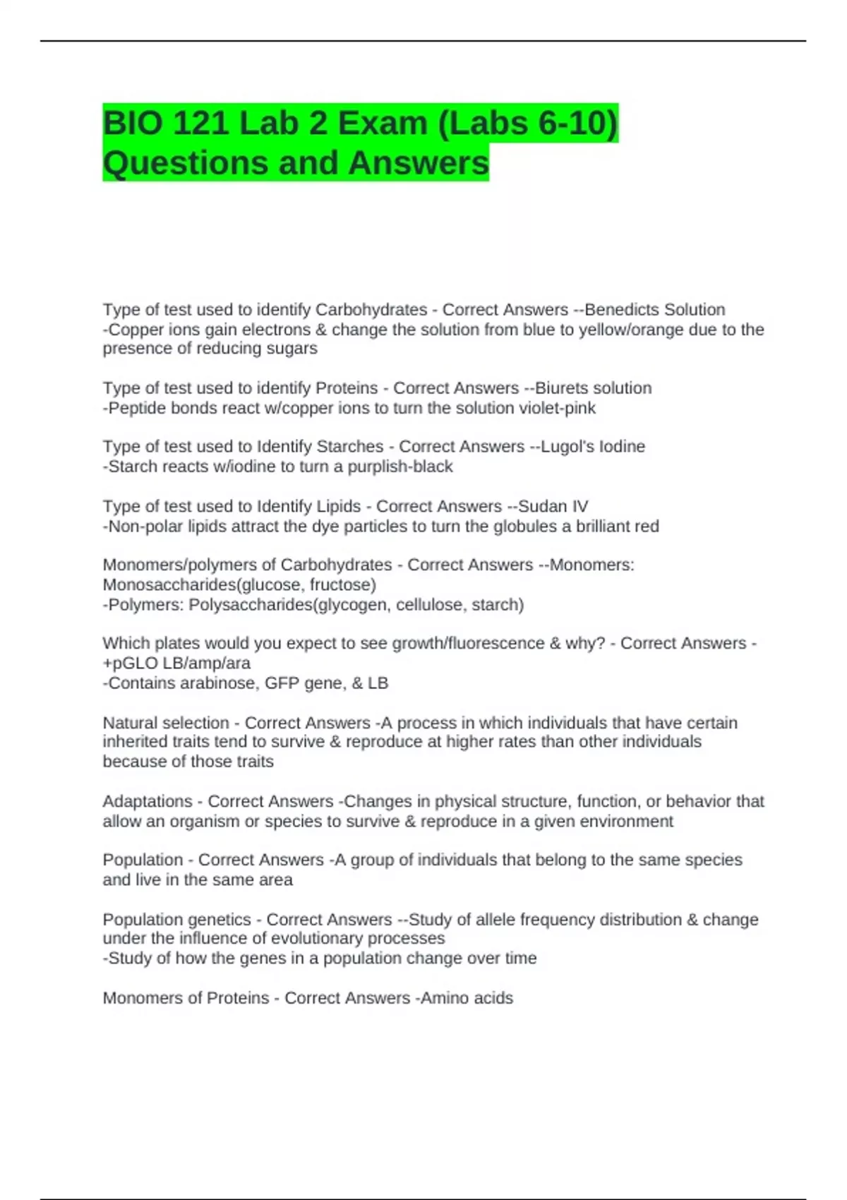 BIO 121 Lab 2 Exam (Labs 6-10) Questions and Answers - BIO 121 - Stuvia UK