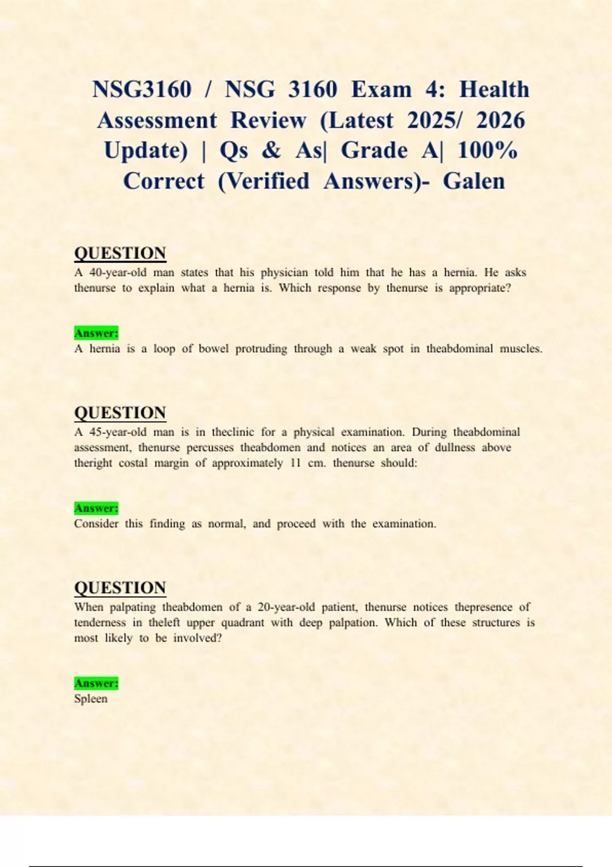 NSG3160 / NSG 3160 Exams 3 & 4: Health Assessment (Latest 2025/ 2026 ...