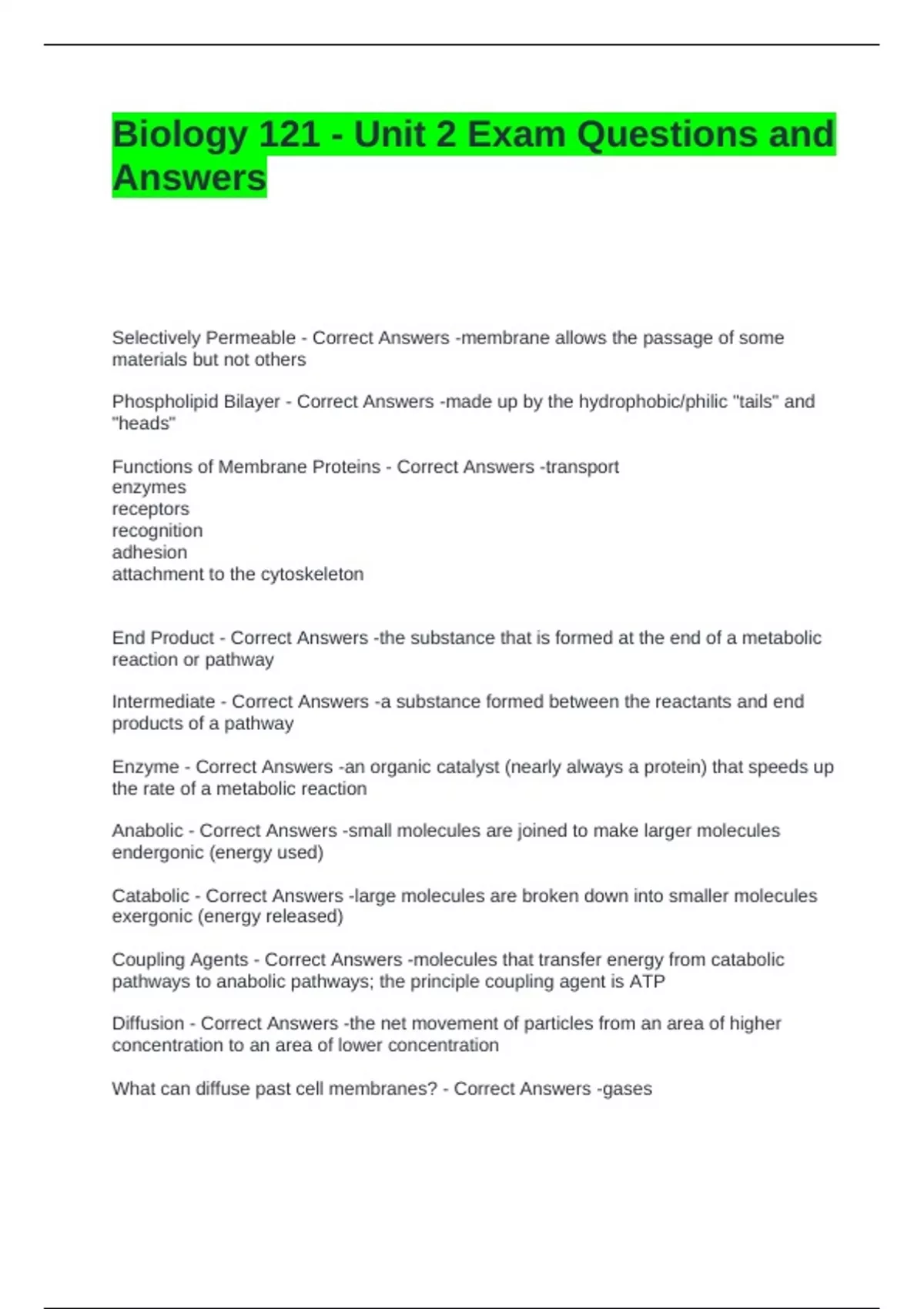 Biology 121 - Unit 2 Exam Questions and Answers - BIO 121 - Stuvia UK
