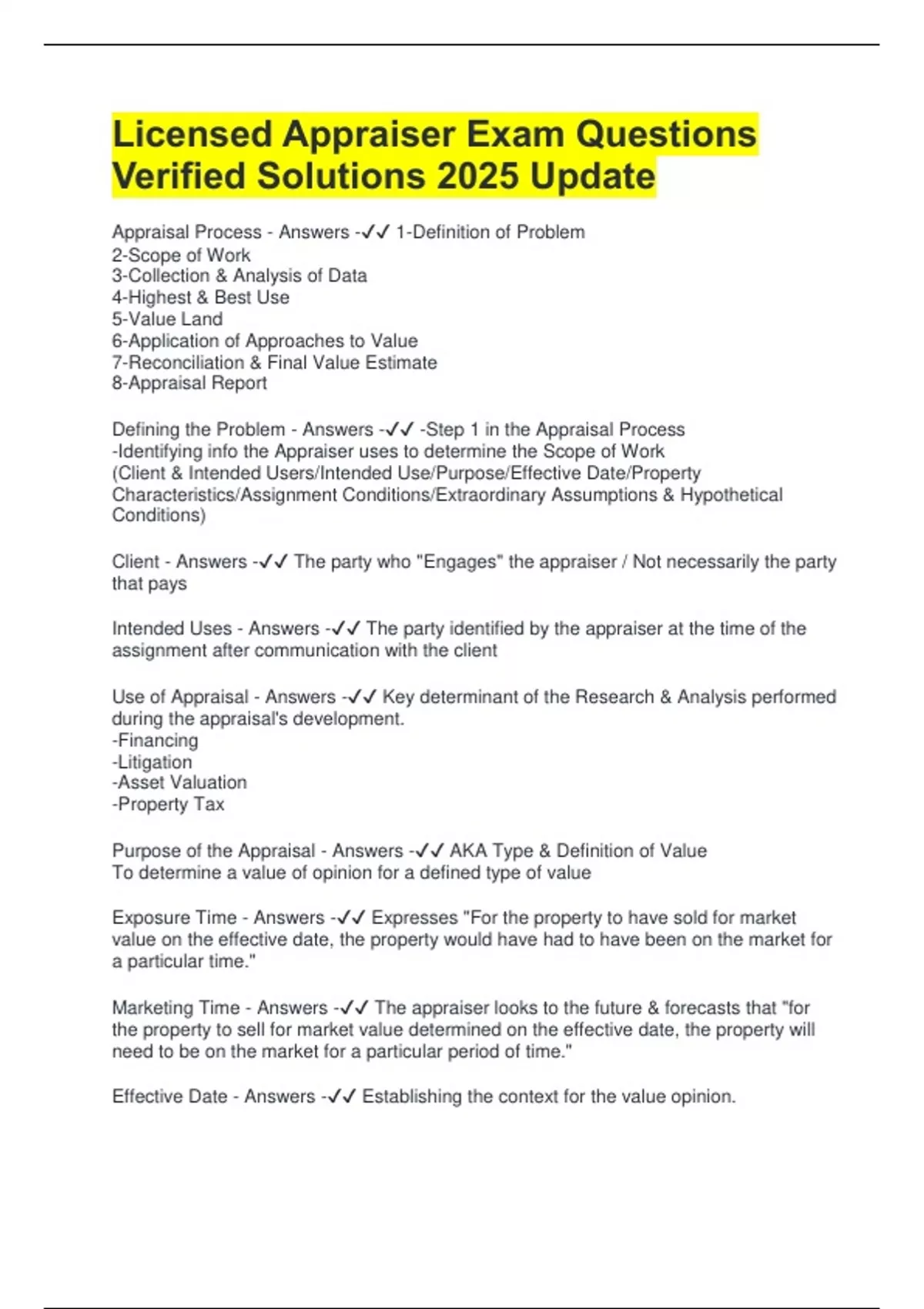 Licensed Appraiser Exam Questions Verified Solutions 2025 Update - PA ...