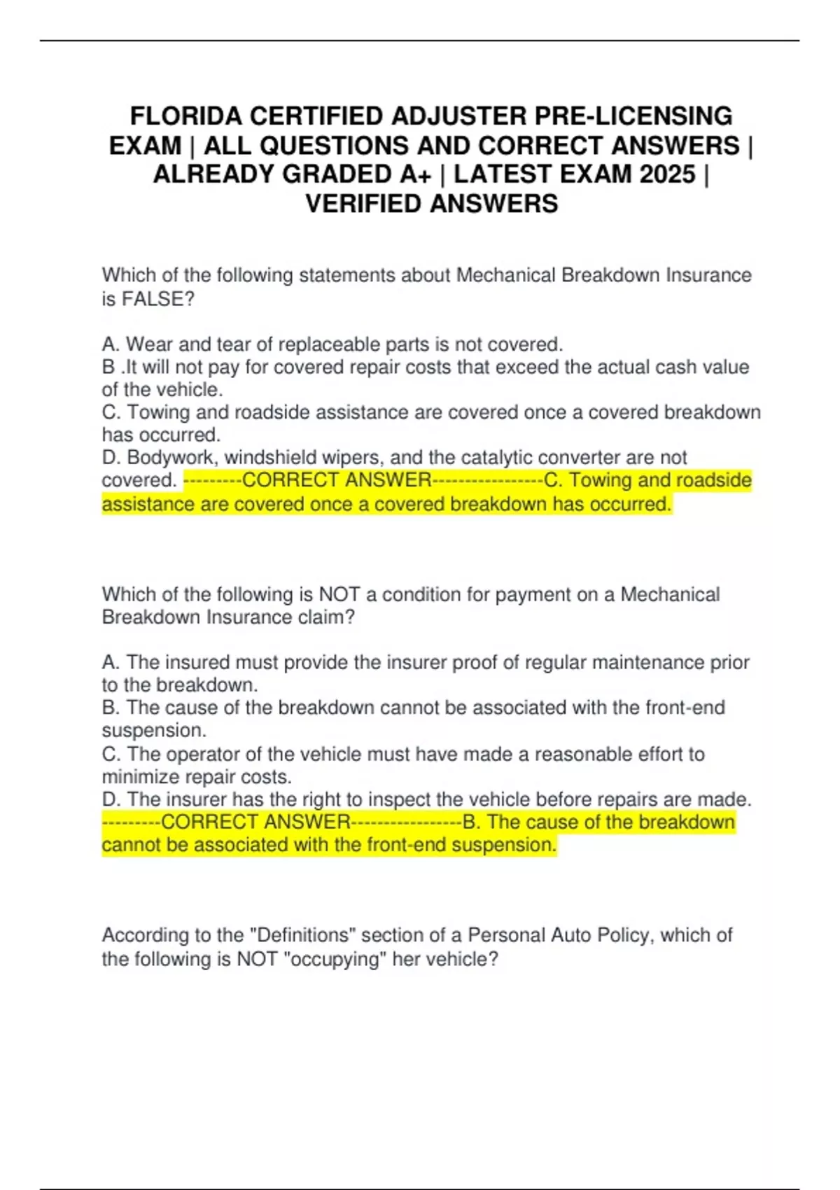 FLORIDA CERTIFIED ADJUSTER PRE-LICENSING EXAM | ALL QUESTIONS AND ...