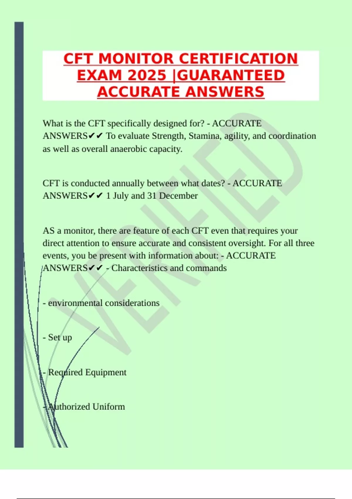 CFT MONITOR BUNDLED EXAMS 2025 |GUARANTEED ACCURATE ANSWERS - Stuvia US