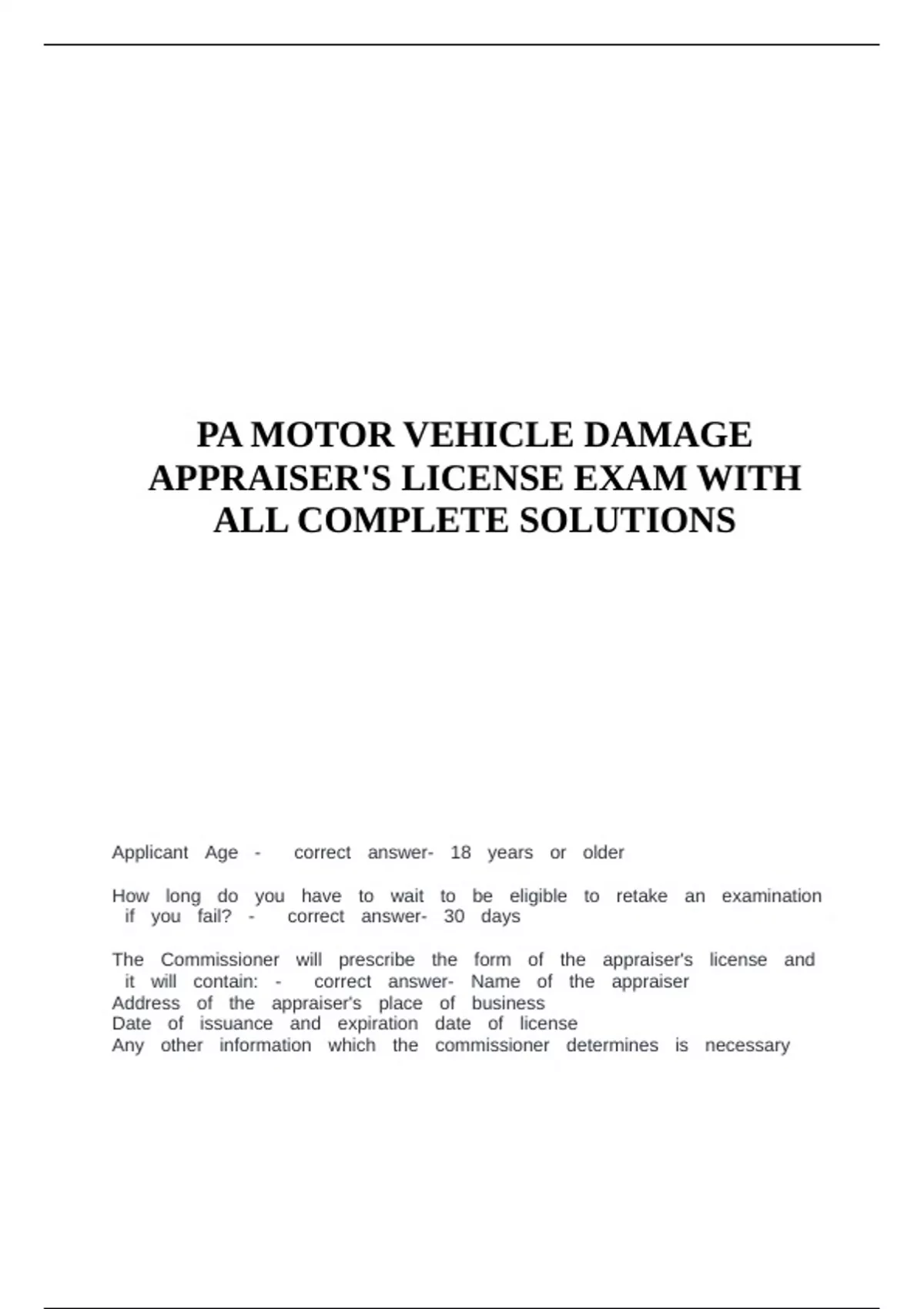 PA MOTOR VEHICLE DAMAGE APPRAISER-S LICENSE EXAM WITH ALL COMPLETE ...