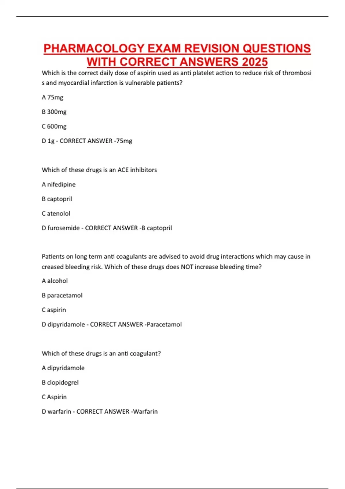PHARMACOLOGY EXAM REVISION QUESTIONS WITH CORRECT ANSWERS 2025 ...