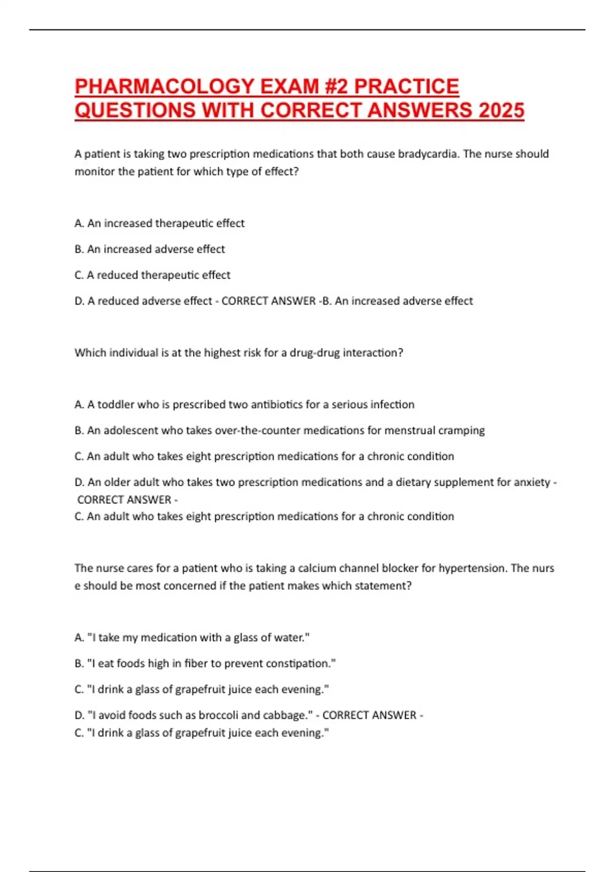 PHARMACOLOGY EXAM -2 PRACTICE QUESTIONS WITH CORRECT ANSWERS 2025 ...
