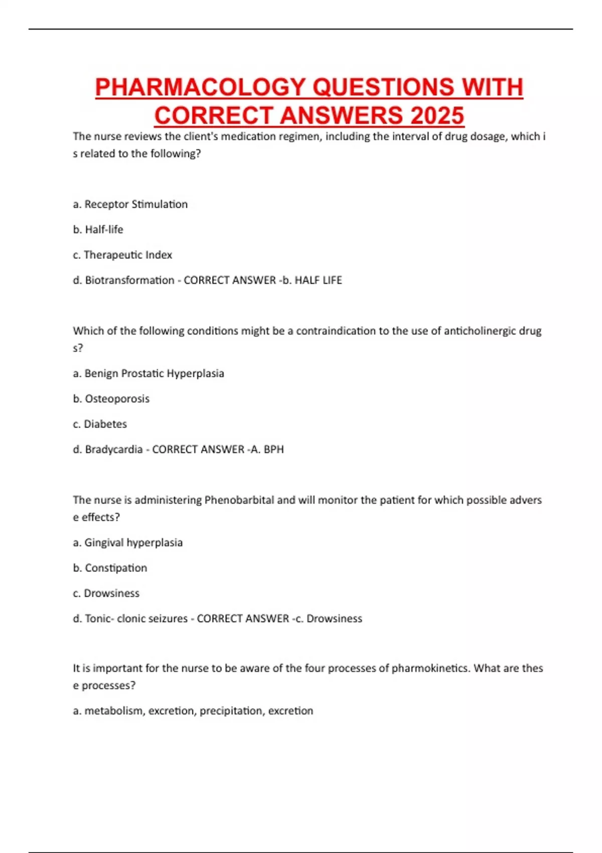 PHARMACOLOGY QUESTIONS WITH CORRECT ANSWERS 2025 - Pharmacology - Stuvia US
