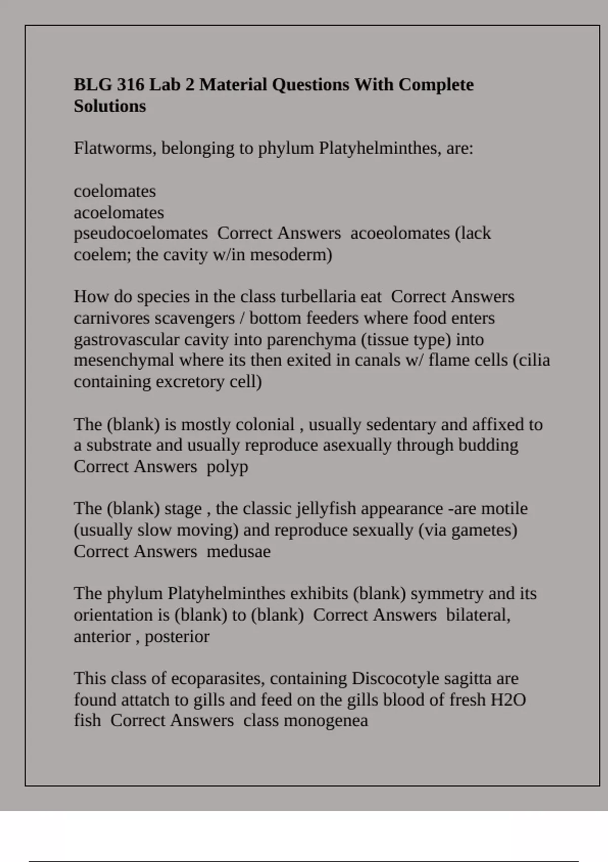 BLG 316 Lab 2 Material Questions With Complete Solutions - BLG 316 - Stuvia US