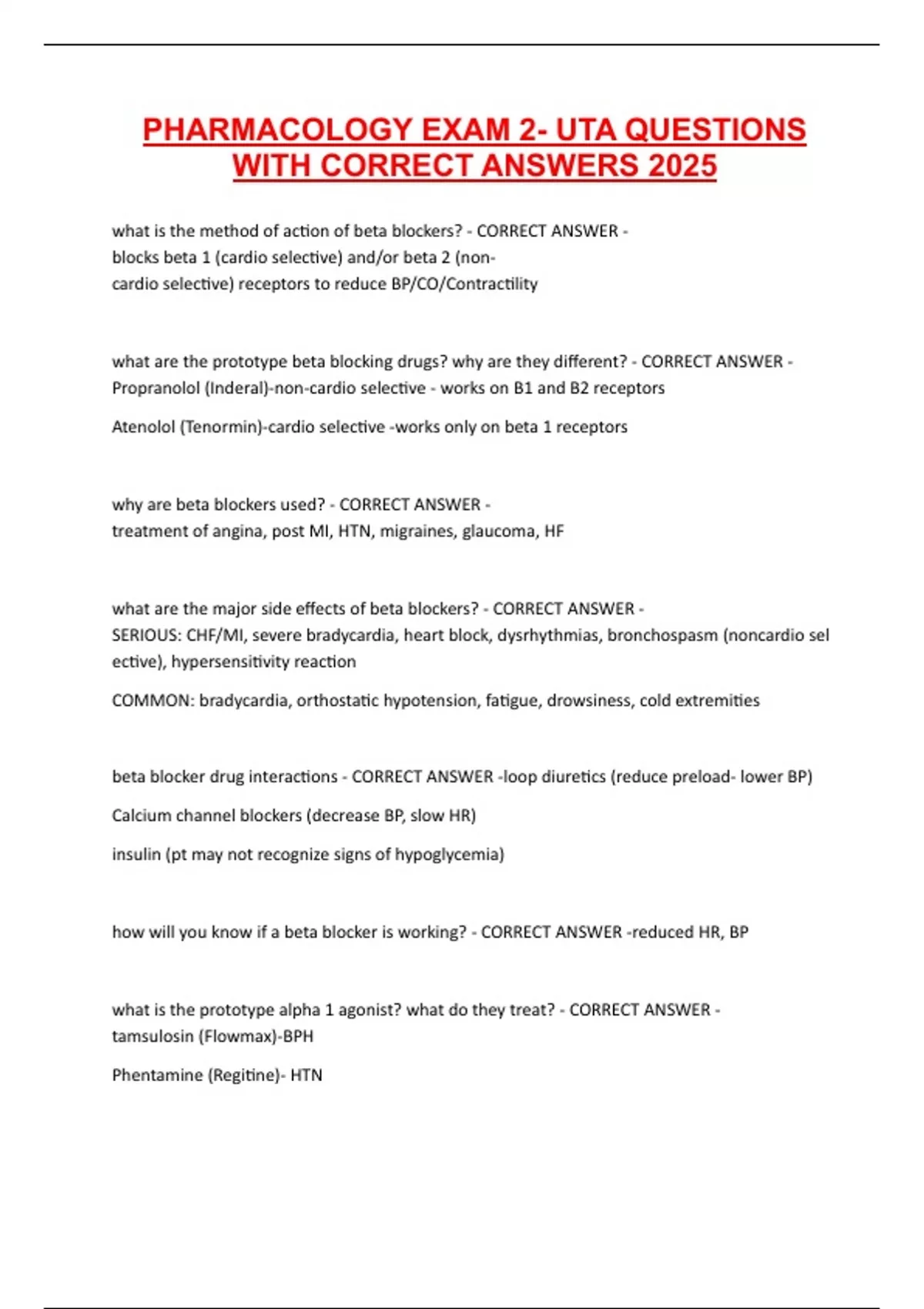 PHARMACOLOGY EXAM 2- UTA QUESTIONS WITH CORRECT ANSWERS 2025 ...
