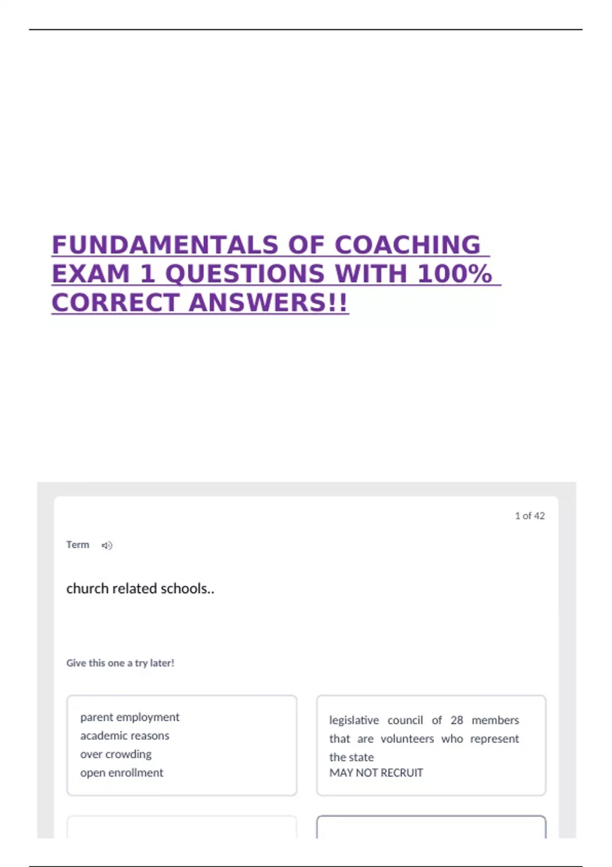 FUNDAMENTALS OF COACHING EXAM 1 QUESTIONS WITH 100% CORRECT ANSWERS ...