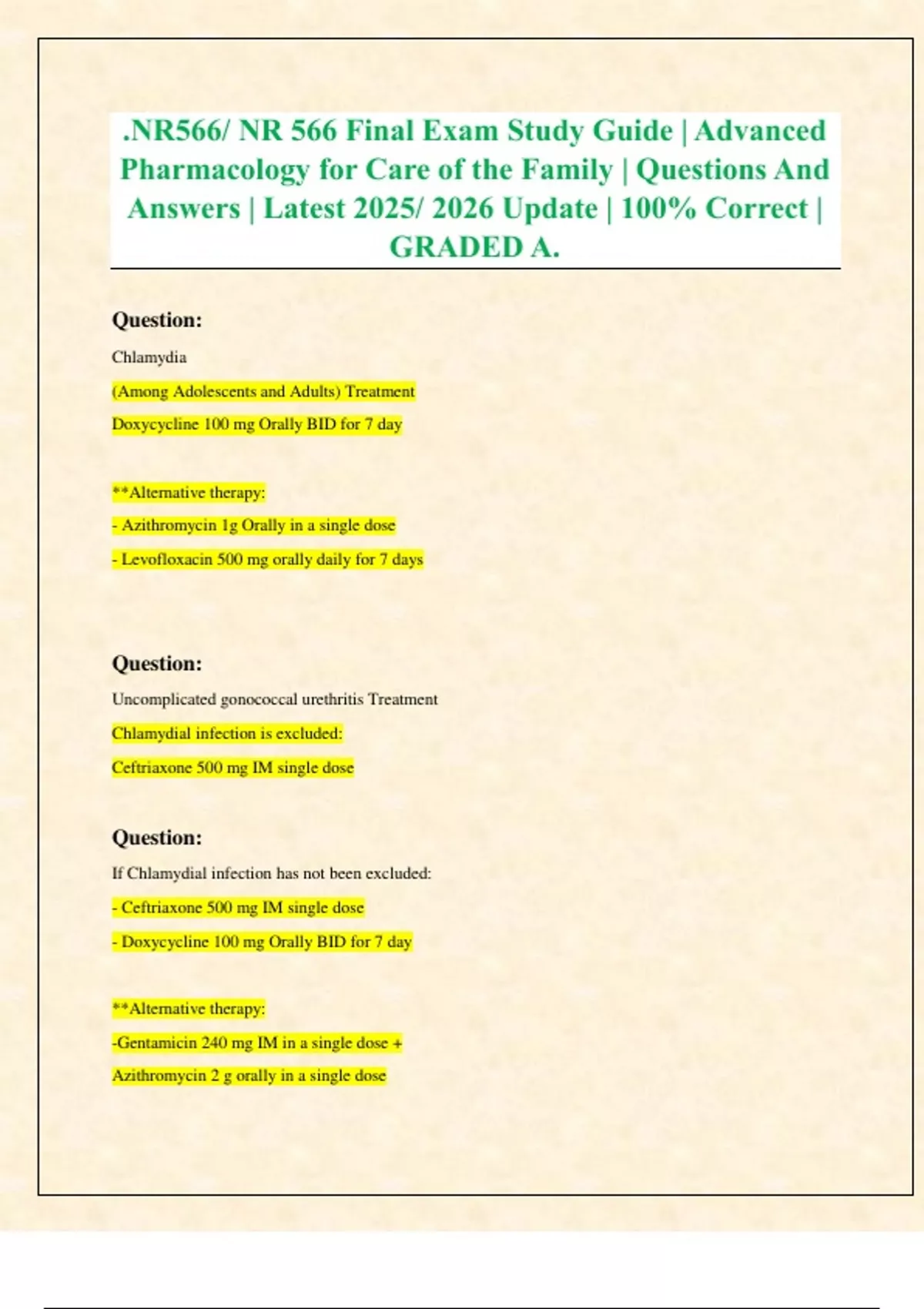 NR566/ NR 566 Final Exam Study Guide | Advanced Pharmacology for Care of the Family | Questions ...