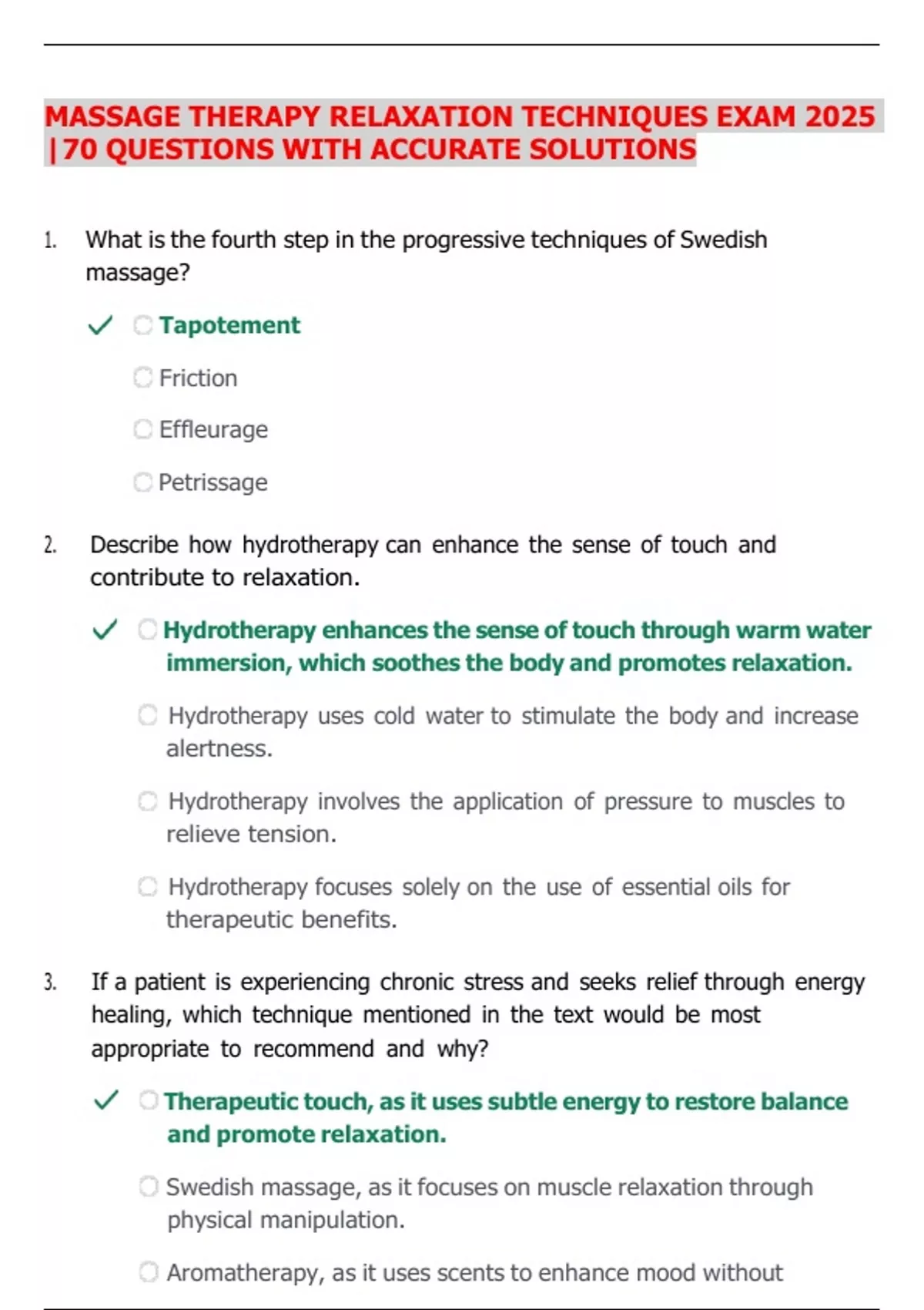 Massage Therapy Relaxation Techniques Exam 2025 | 70 Questions with ...