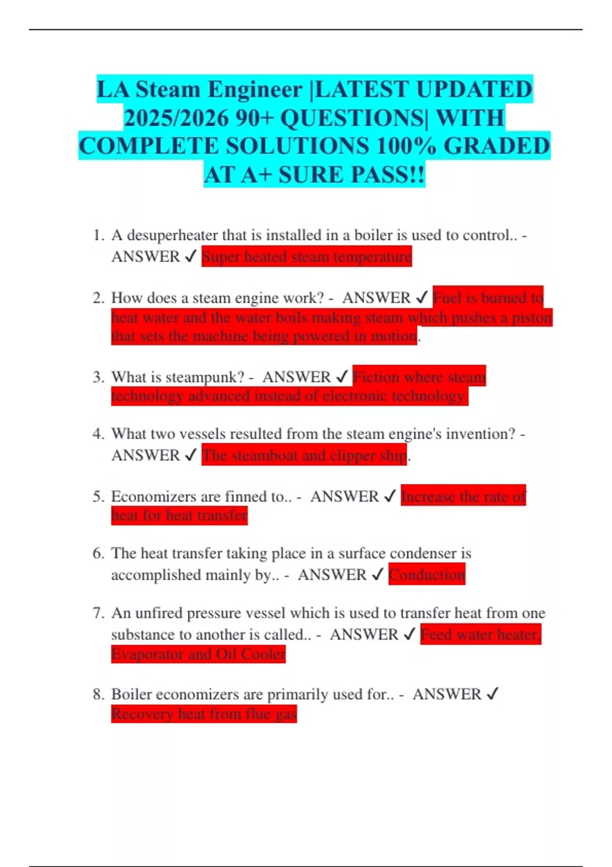 LA Steam Engineer |LATEST UPDATED 2025/2026 90+ QUESTIONS| WITH ...