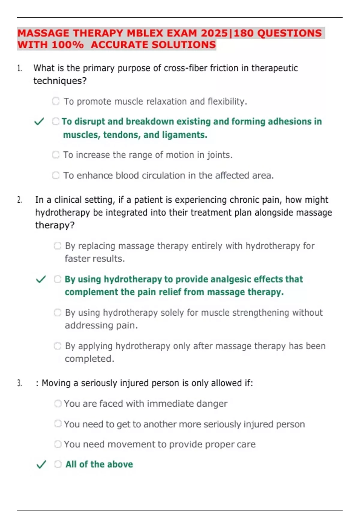 MASSAGE THERAPY MBLEX EXAM 2025|180 QUESTIONS WITH 100% ACCURATE ...