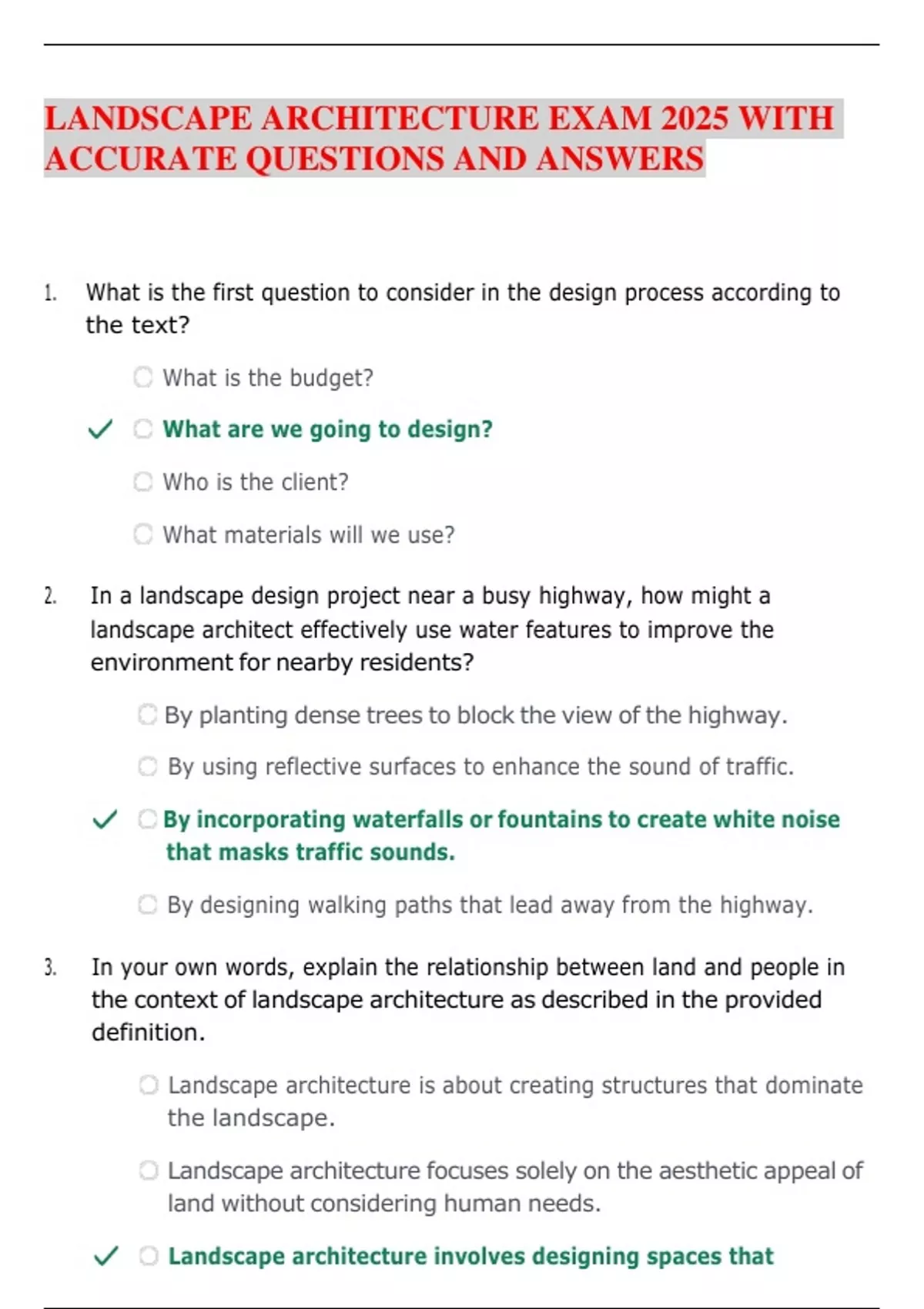 LANDSCAPE ARCHITECTURE EXAM 2025 WITH ACCURATE QUESTIONS AND ANSWERS ...