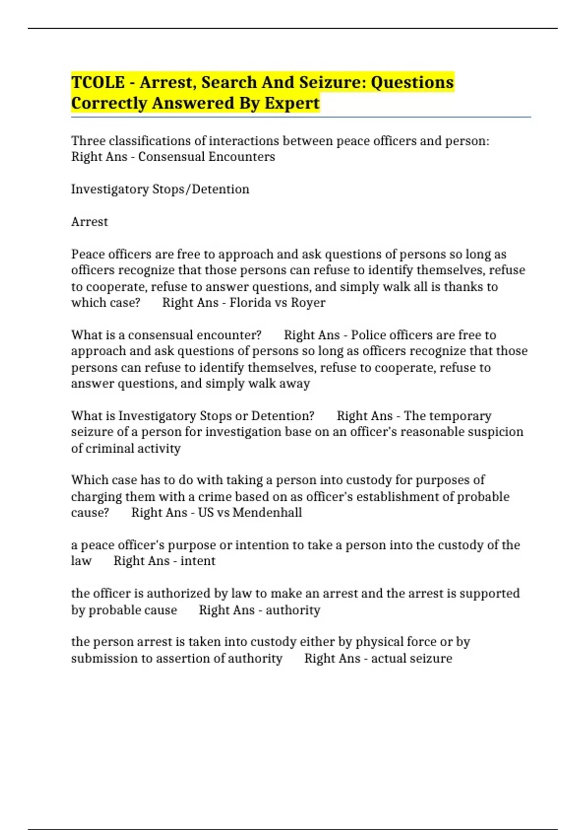 TCOLE - Arrest, Search And Seizure: Questions Correctly Answered By ...
