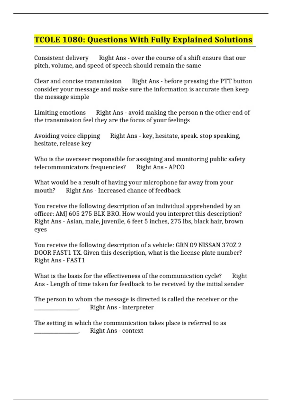 TCOLE 1080: Questions With Fully Explained Solutions - TCOLE - Stuvia US