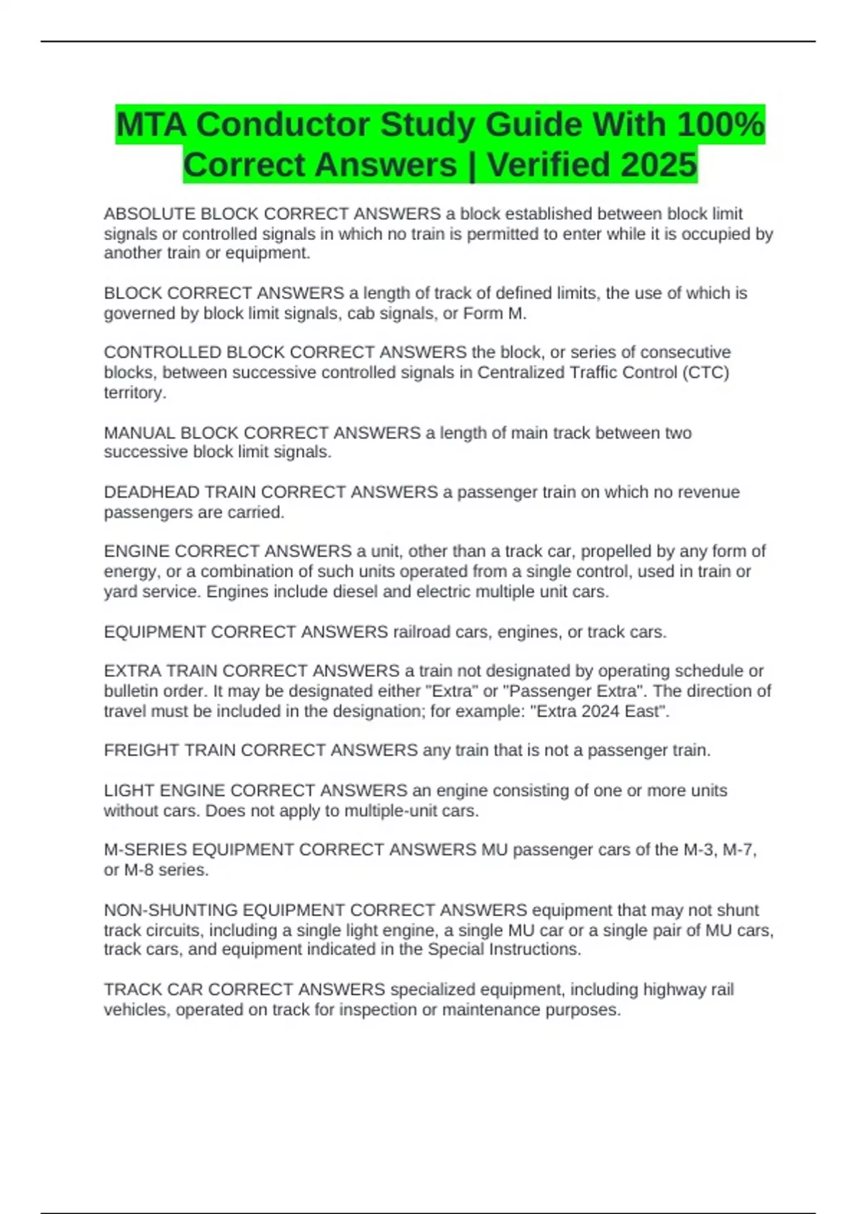MTA Conductor Study Guide With 100% Correct Answers | Verified 2025 - Conductor - Stuvia US