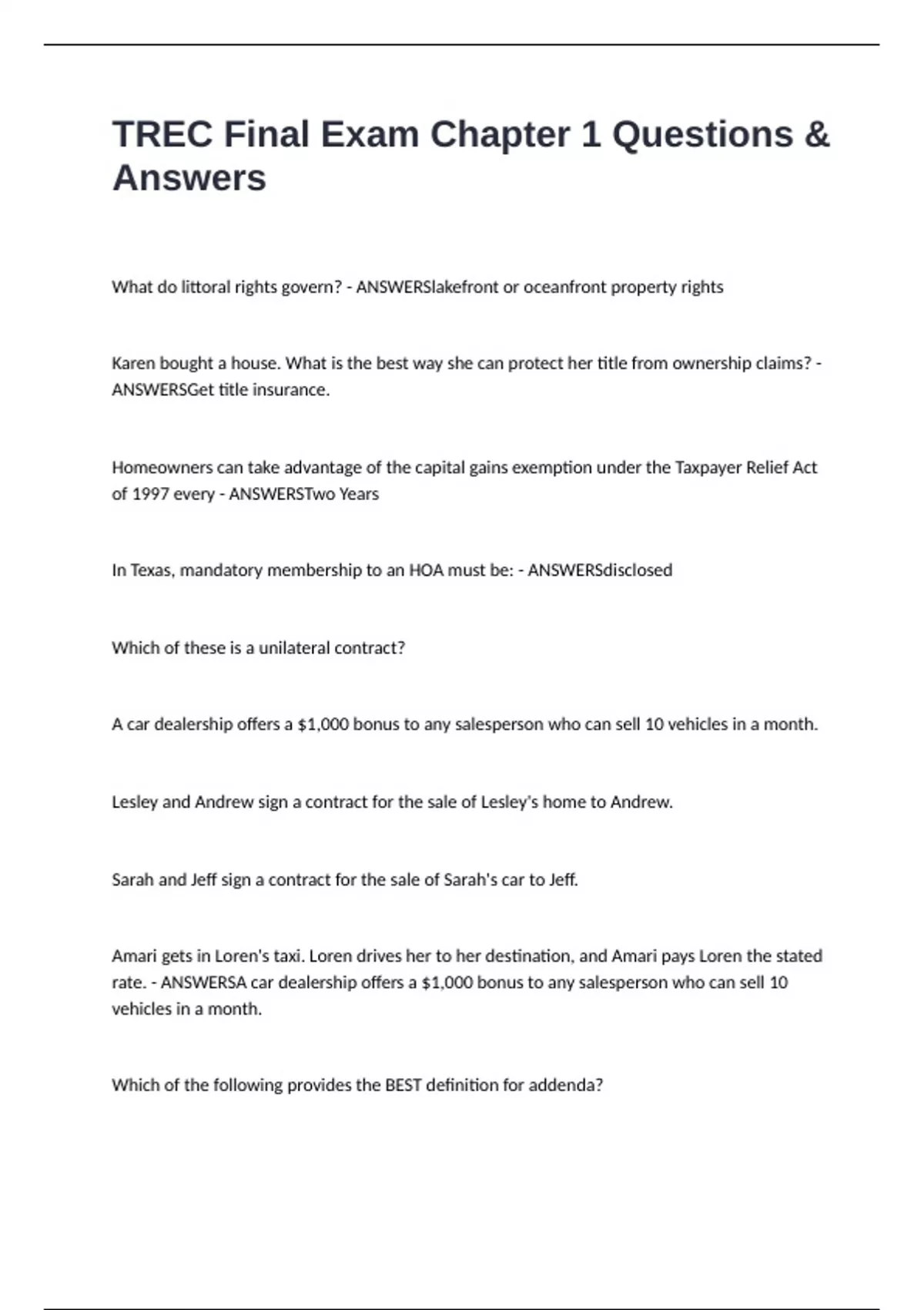 TREC Final Exam Chapter 1 Questions & Answers - TREC - Stuvia US