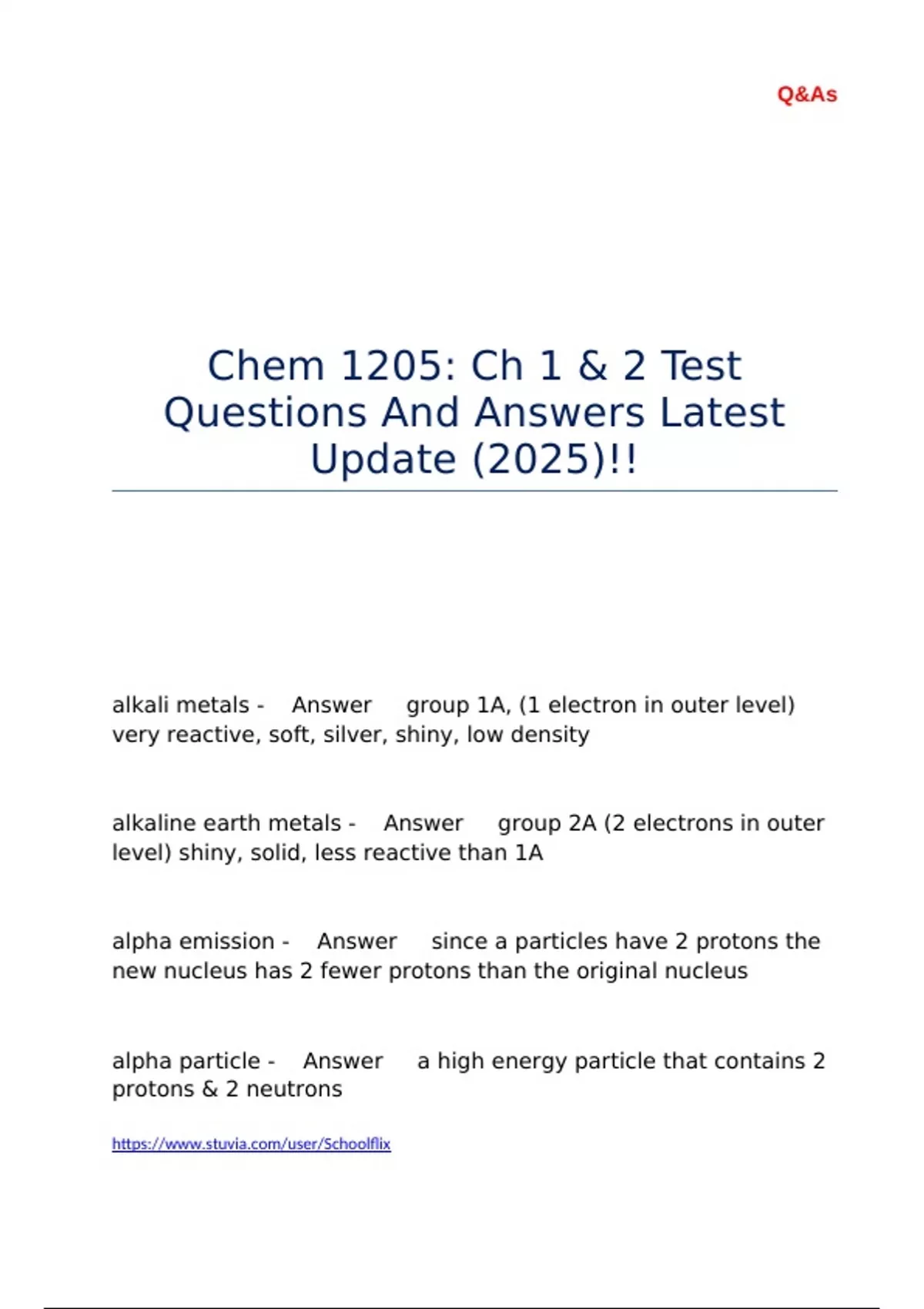 Chem 1205 Ch 1 & 2 Test Questions And Answers Latest Update (2025 ...