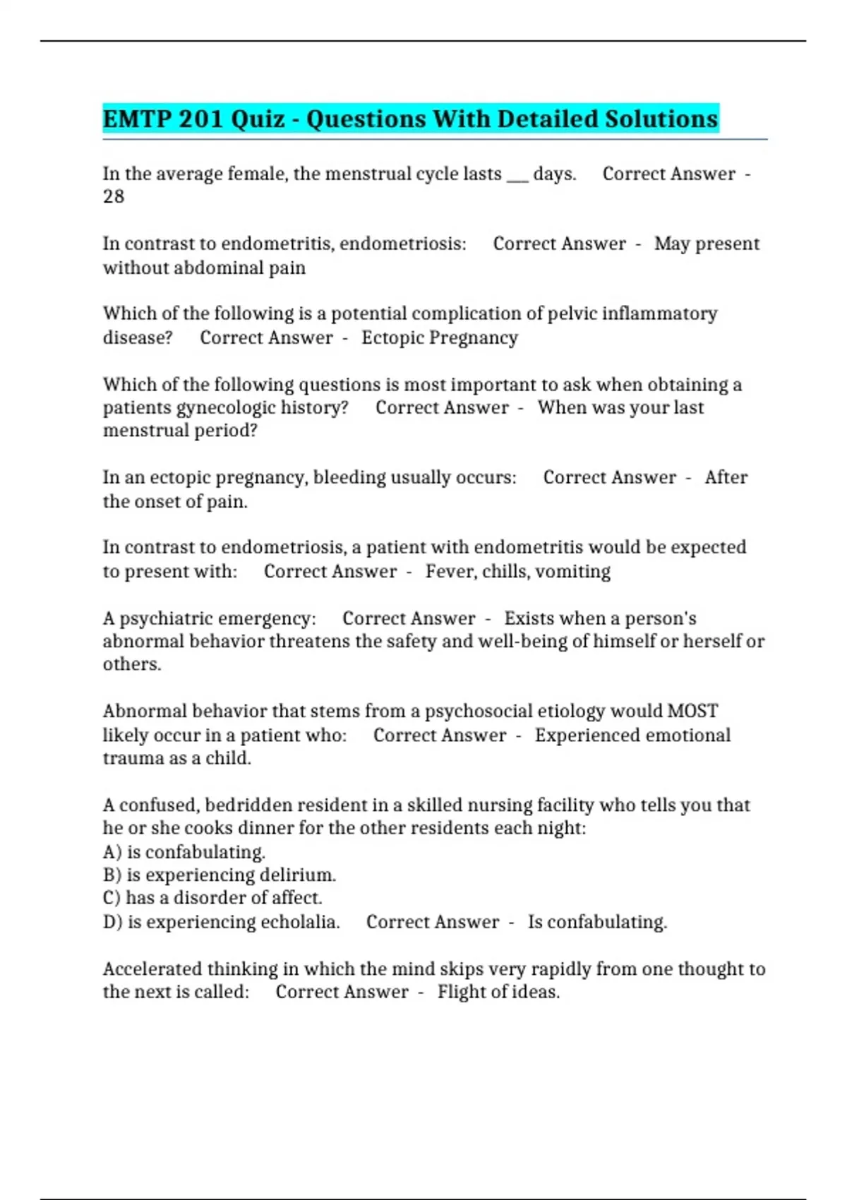 EMTP 201 Quiz - Questions With Detailed Solutions - EMTP - Stuvia US