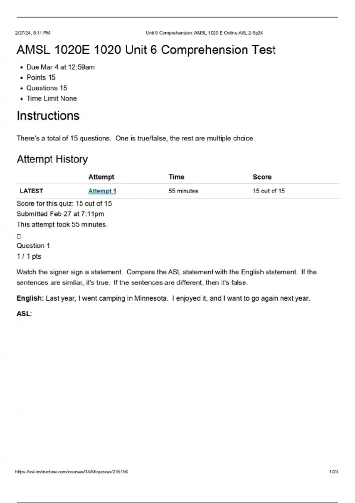 AMSL 1020E Unit 6 Comprehension Test|Latest 2025 Update|100% Correct ...