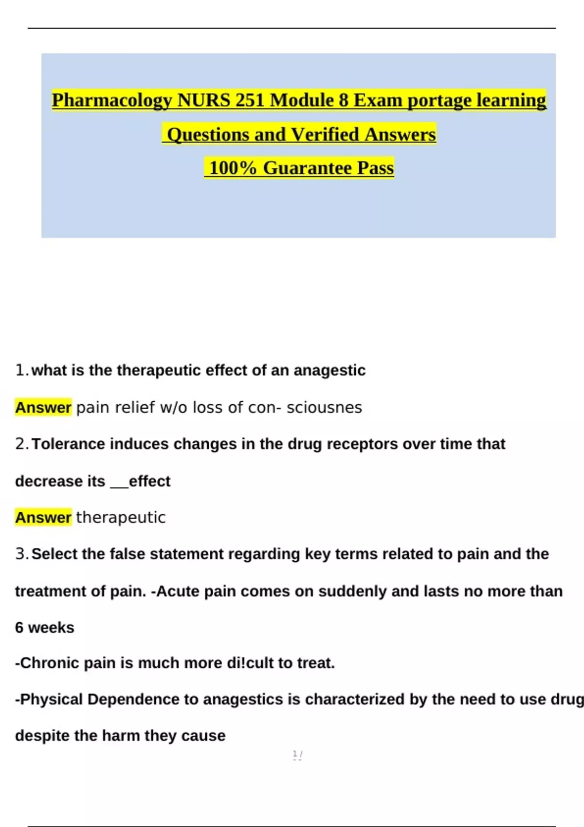 Pharmacology NURS 251 Module 8 Exam (2025 / 2026) portage learning/ ABC ...