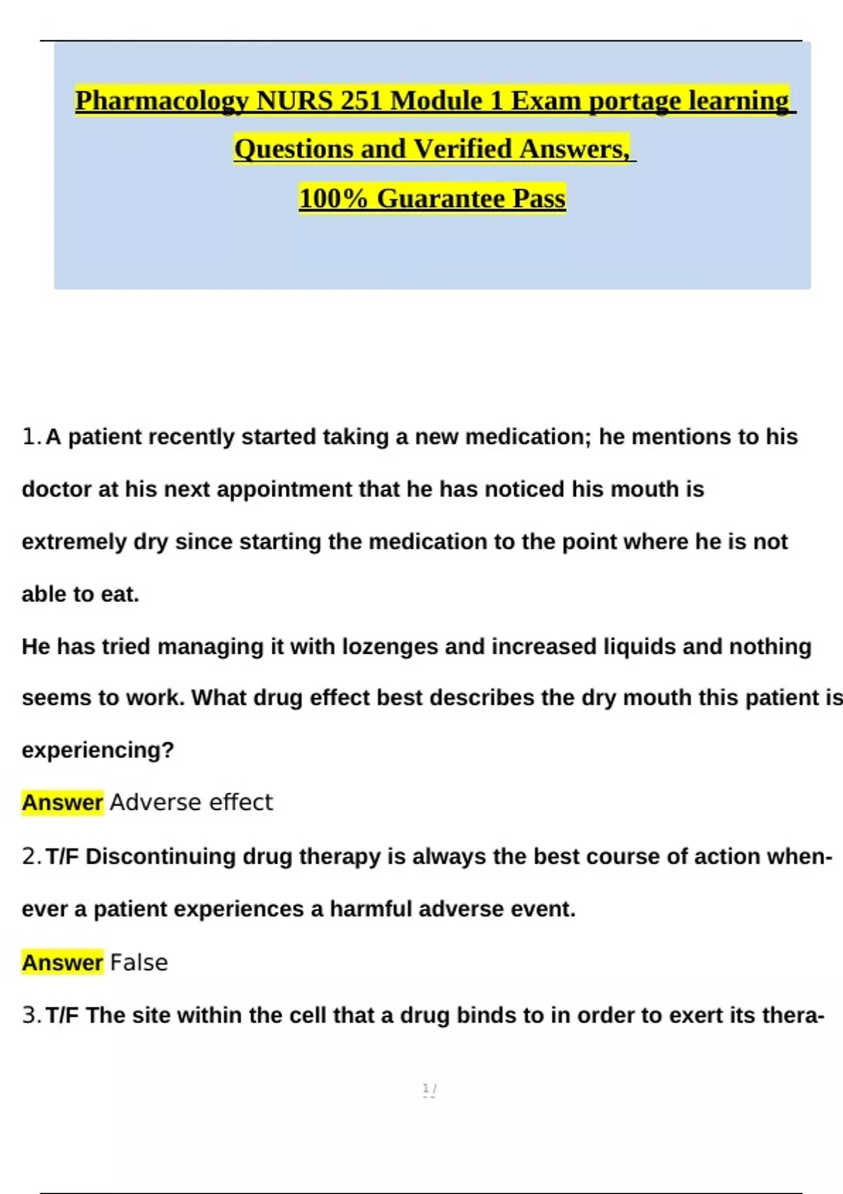 Pharmacology NURS 251 Module 1 Exam (2025 / 2026) portage learning/ ABC ...