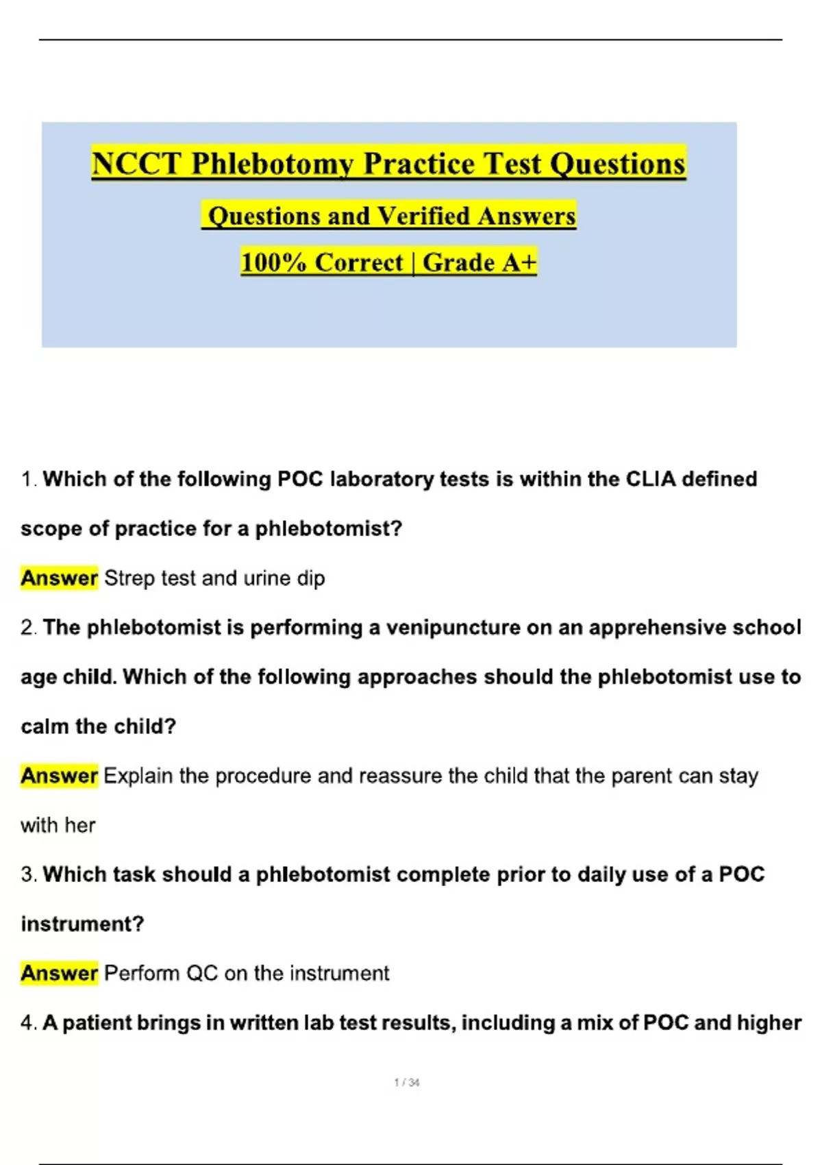 PHLEBOTOMY NCCT PRACTICE TEST (Latest 2025 / 2026 Update) Questions and ...