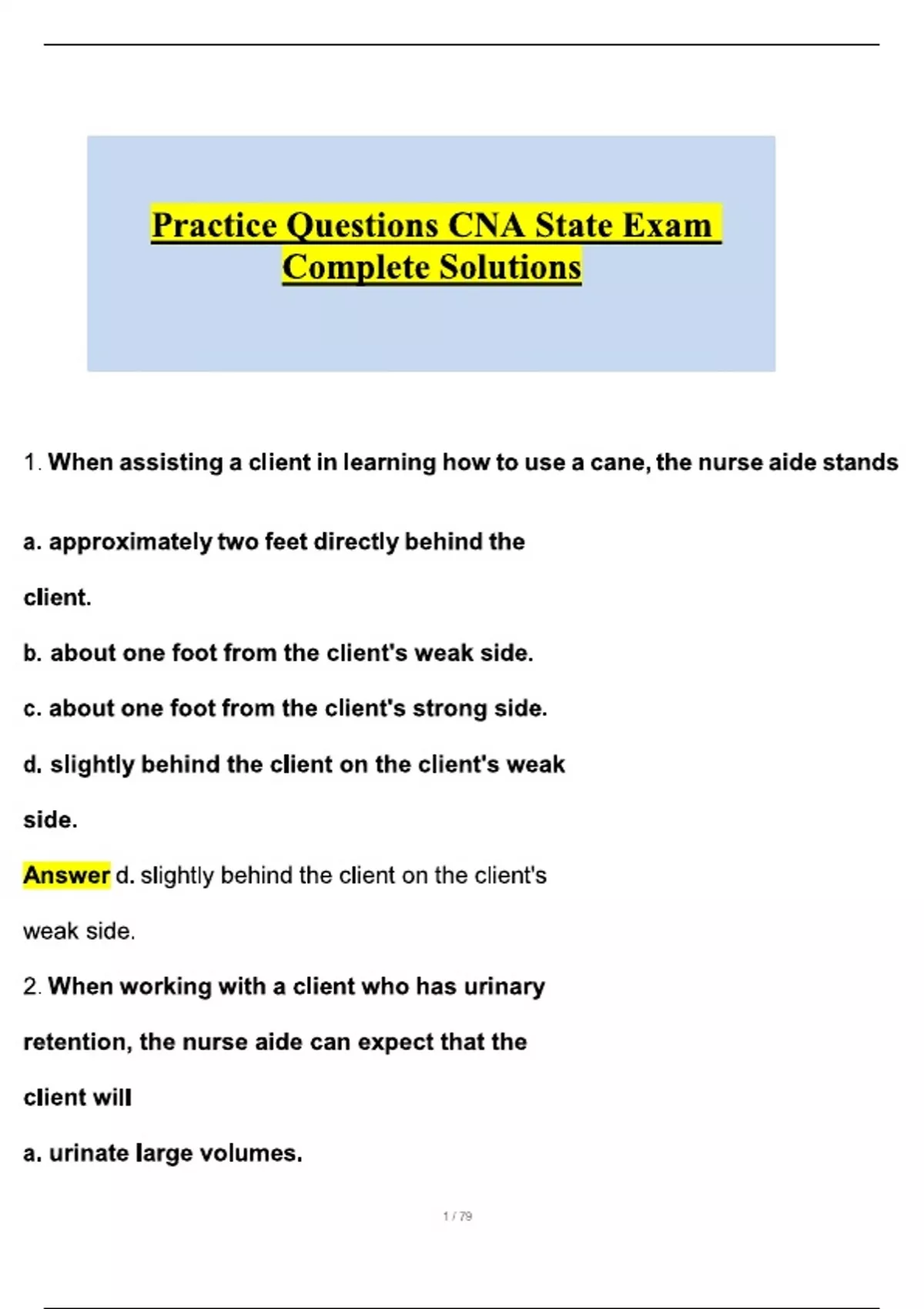 Practice Questions CNA State Exam (2025 / 2026 Update) Questions and ...