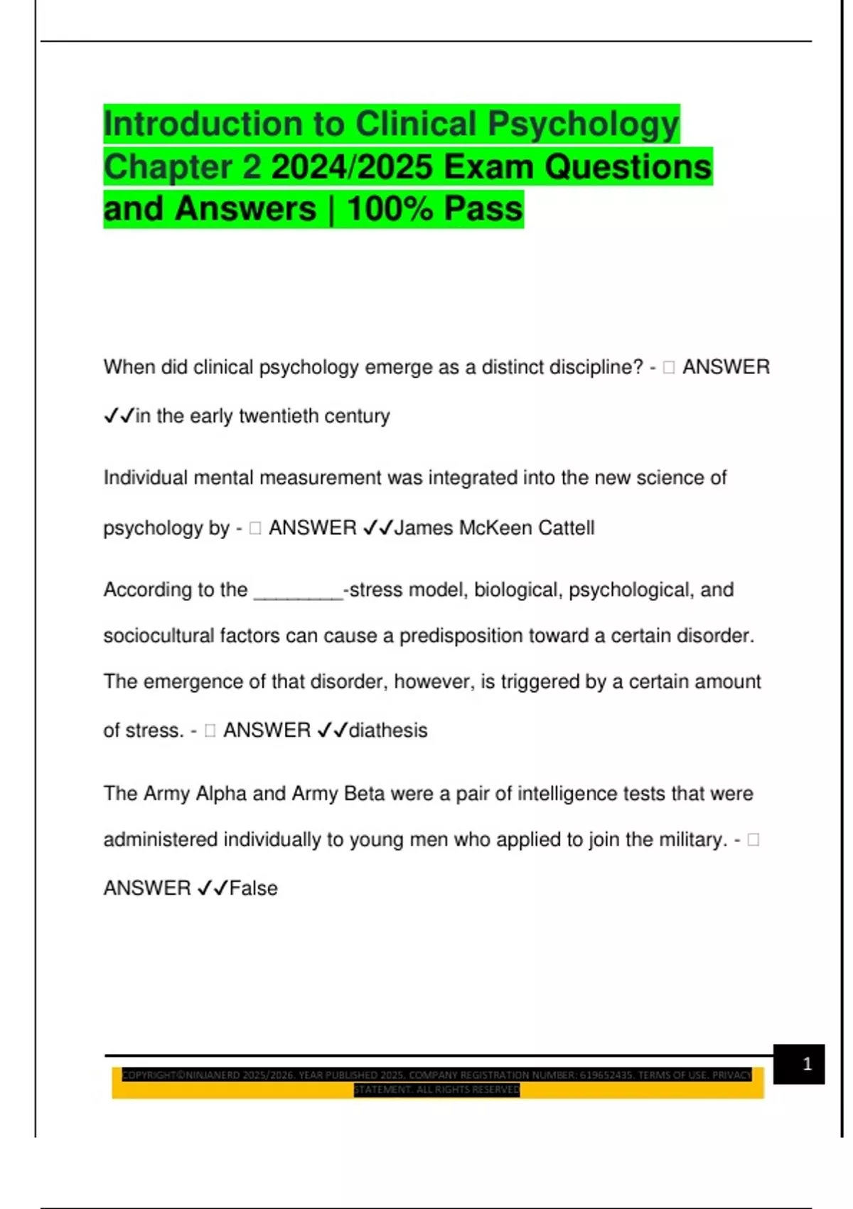 Introduction to Clinical Psychology Chapter 2 2024/2025 Exam Questions ...