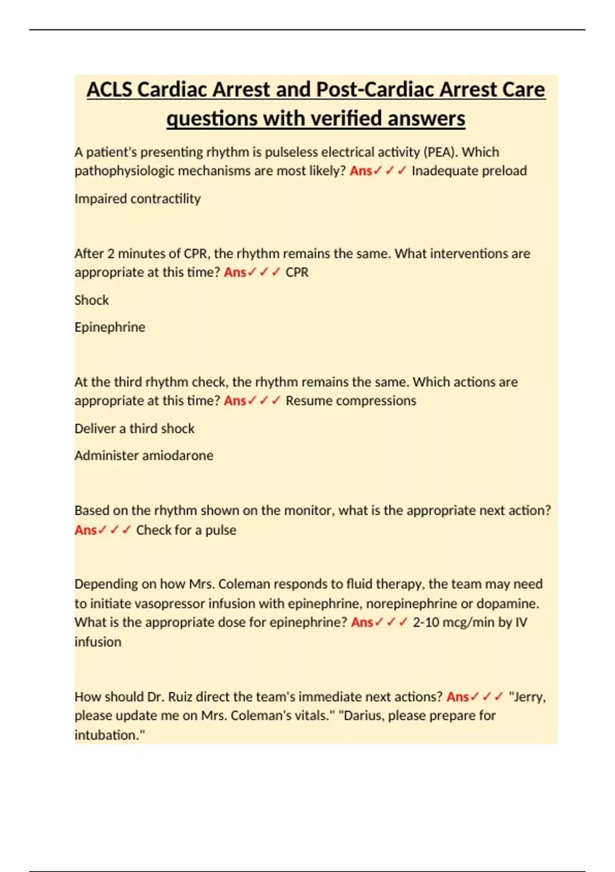 ACLS Cardiac Arrest and Post-Cardiac Arrest Care questions with ...