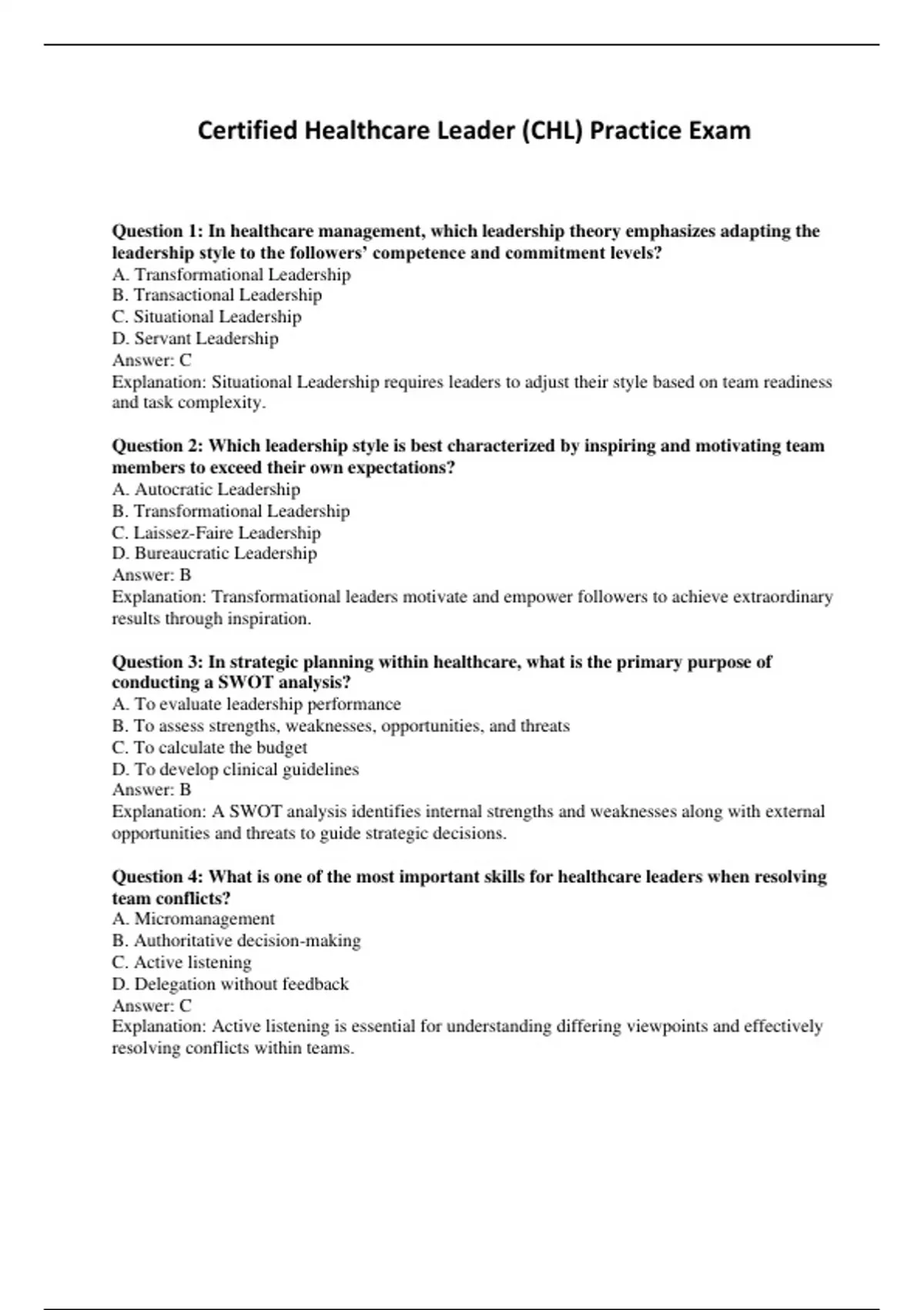 Certified Healthcare Leader (CHL) Practice Exam - Computers - Stuvia US