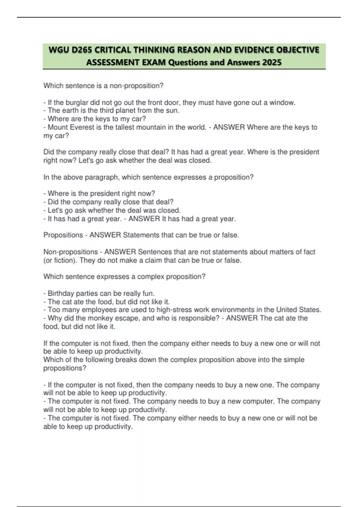 WGU D265 CRITICAL THINKING REASON AND EVIDENCE OBJECTIVE ASSESSMENT ...