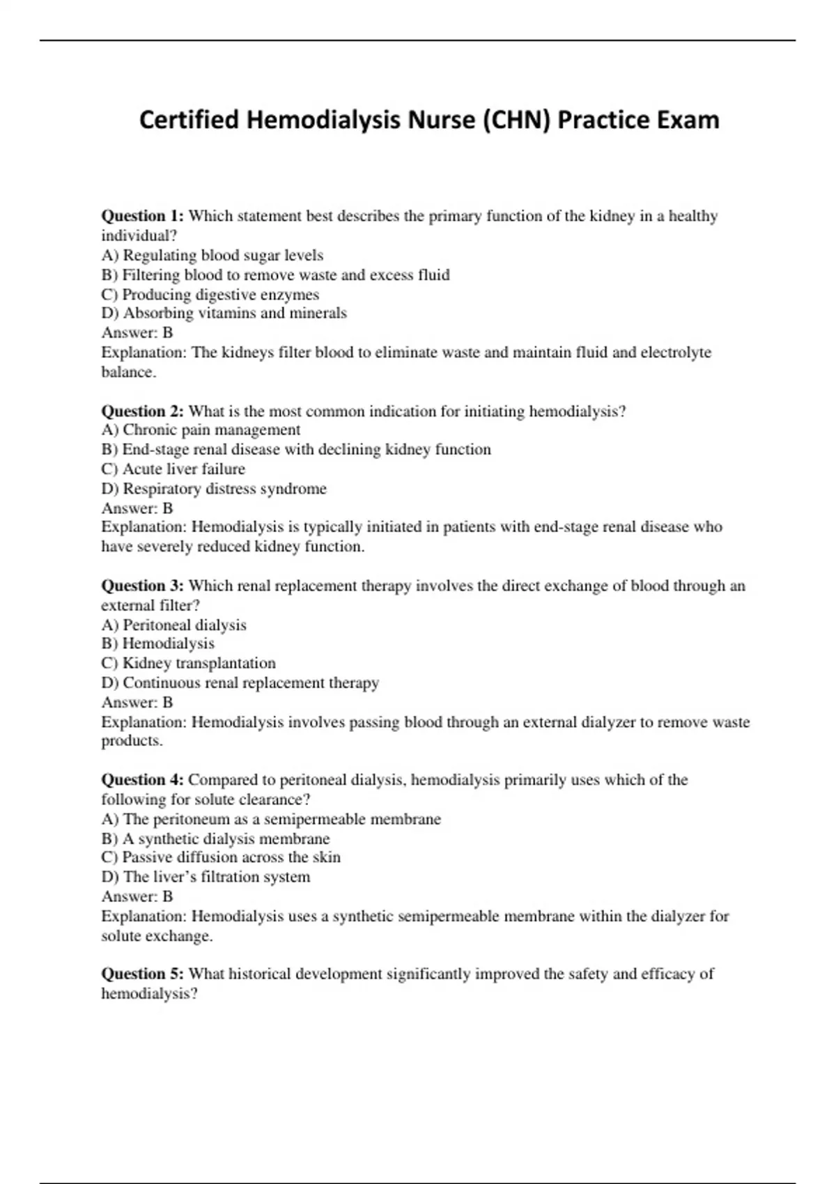 Certified Hemodialysis Nurse (CHN) Practice Exam - Computers - Stuvia US