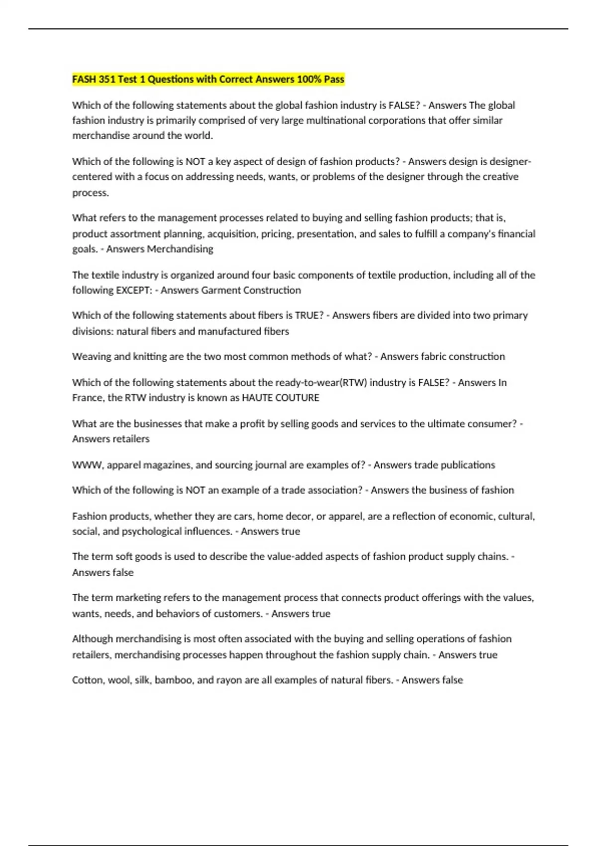 FASH 351 Test 1 Questions with Correct Answers 100% Pass - FASH 351 ...